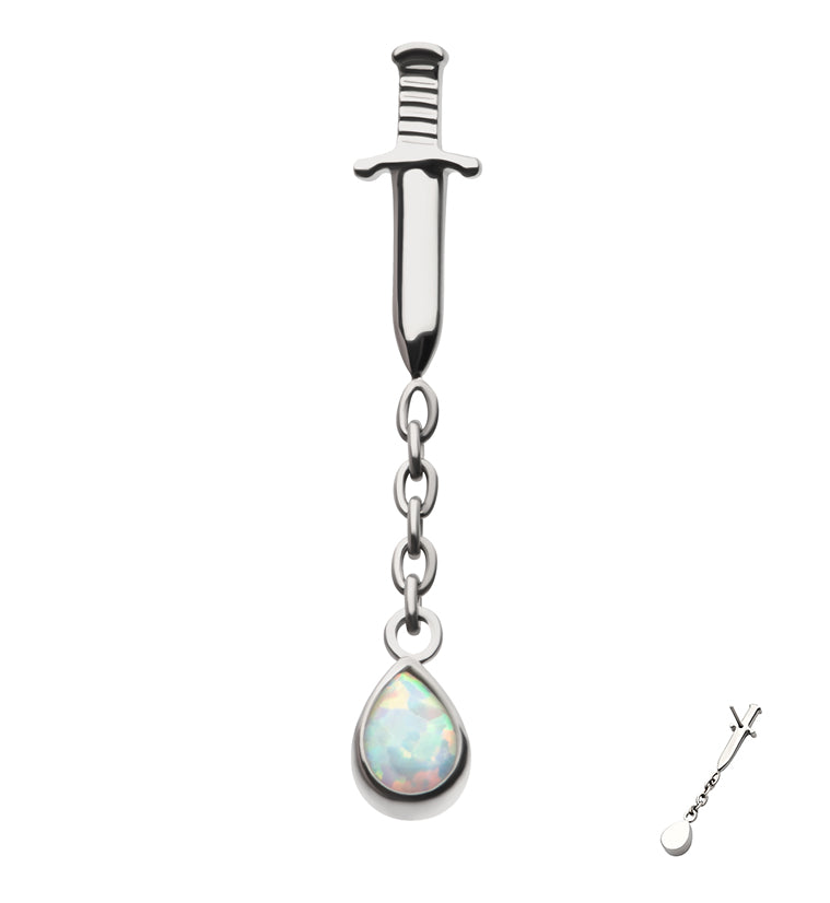 Dagger Dangle Chain Teardrop White Opalite Threadless Titanium Top | UrbanBodyJewelry.com