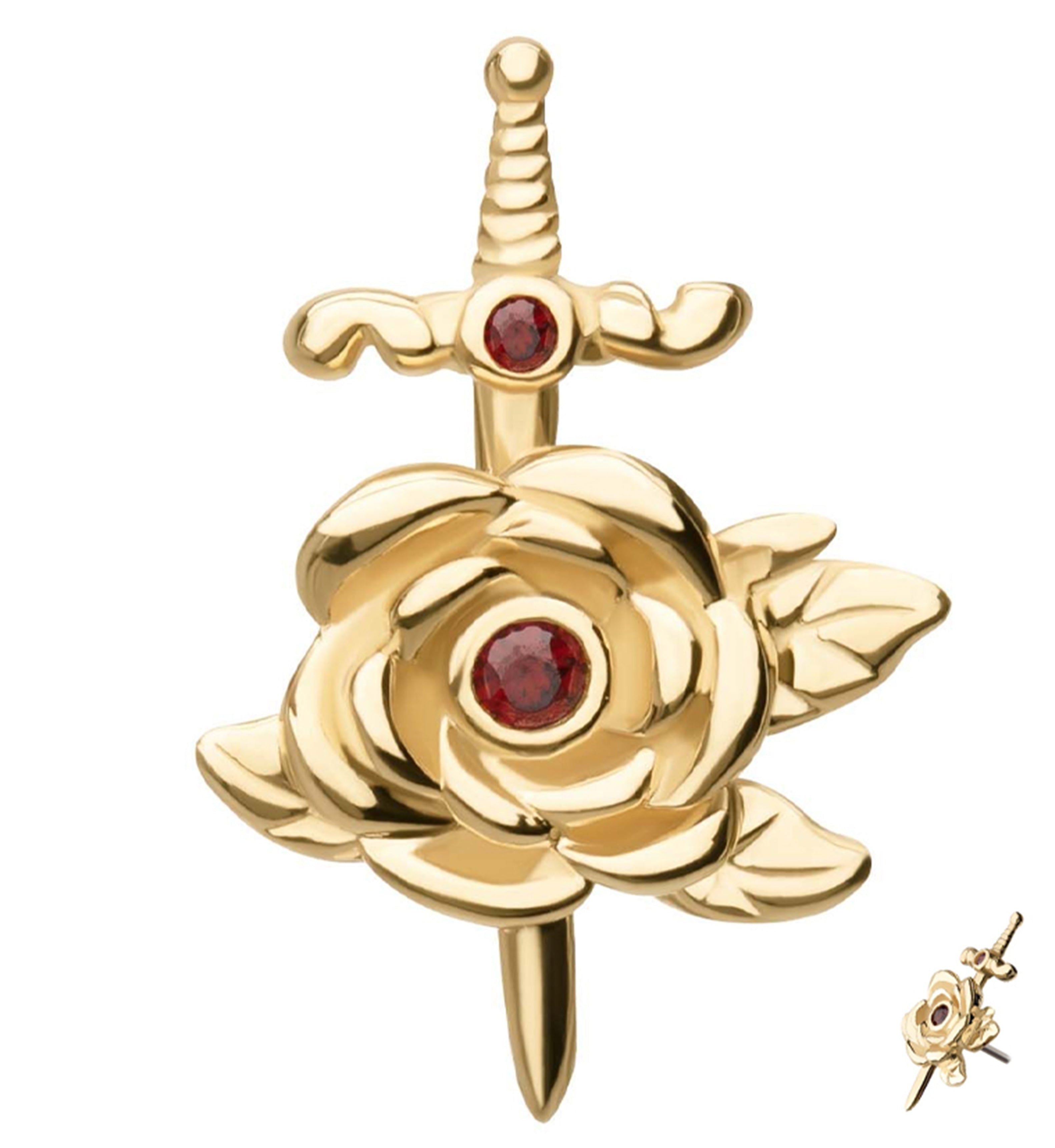 14kt Gold Rose And Dagger Red CZ Threadless Top | UrbanBodyJewelry.com
