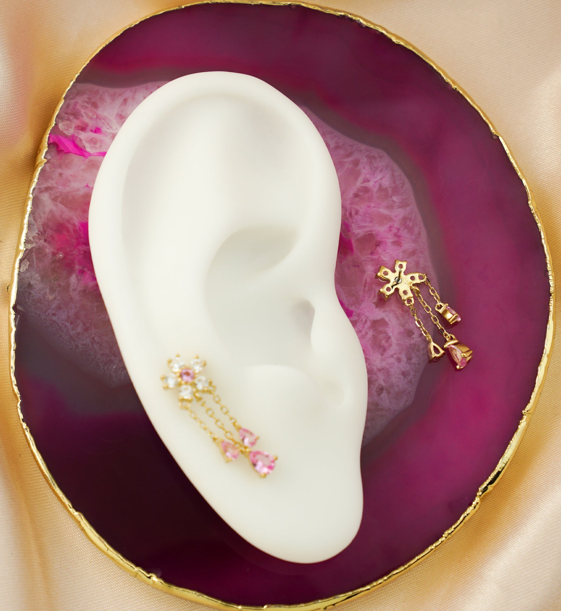 14kt Gold Floral Blossom Beaded Clear And Pink CZ Dangle Threadless To ...