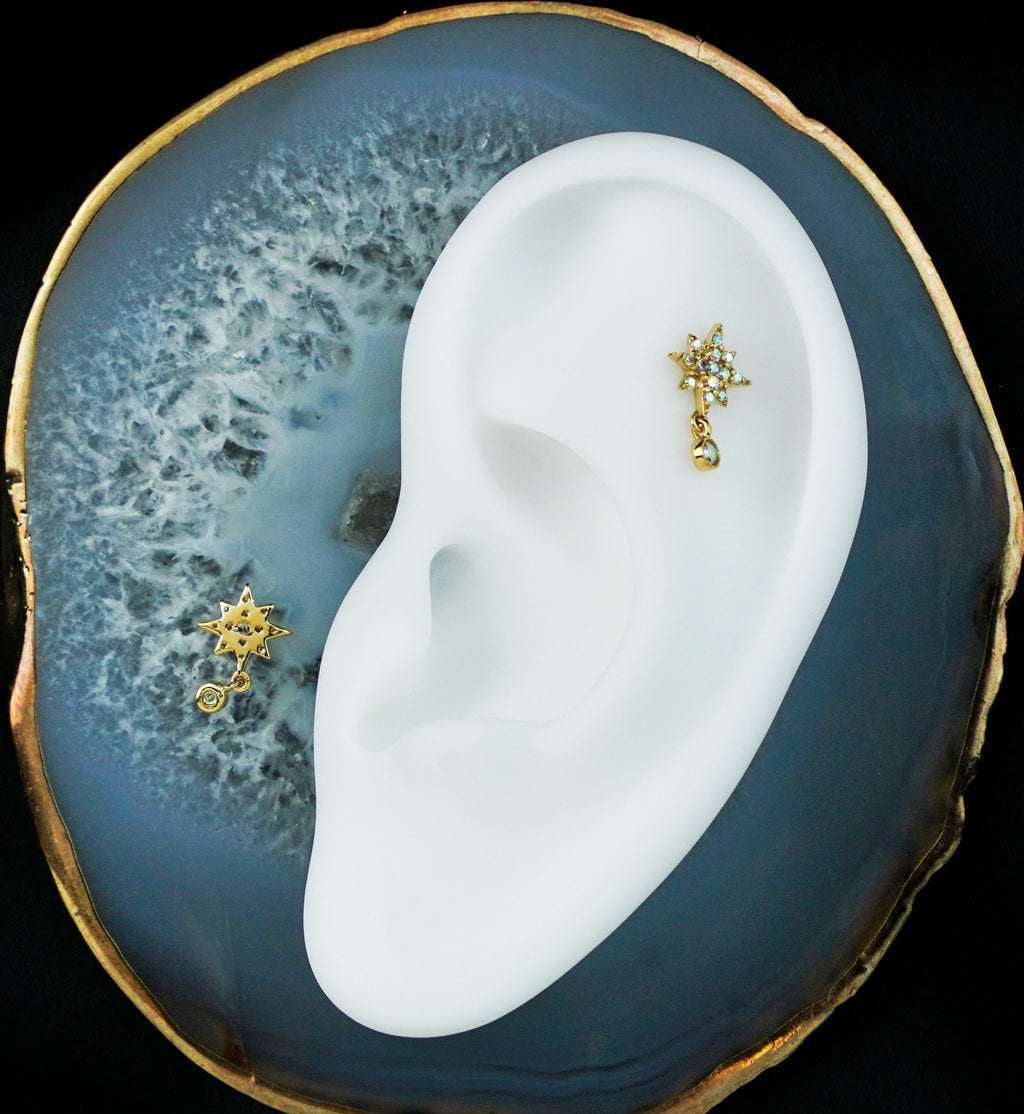 14kt Gold North Star Rainbow Aurora CZ Dangle Threadless Top ...