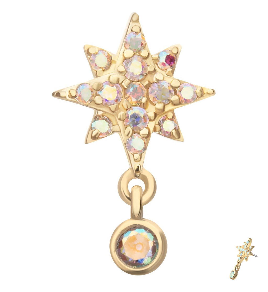 14kt Gold North Star Rainbow Aurora CZ Dangle Threadless Top ...