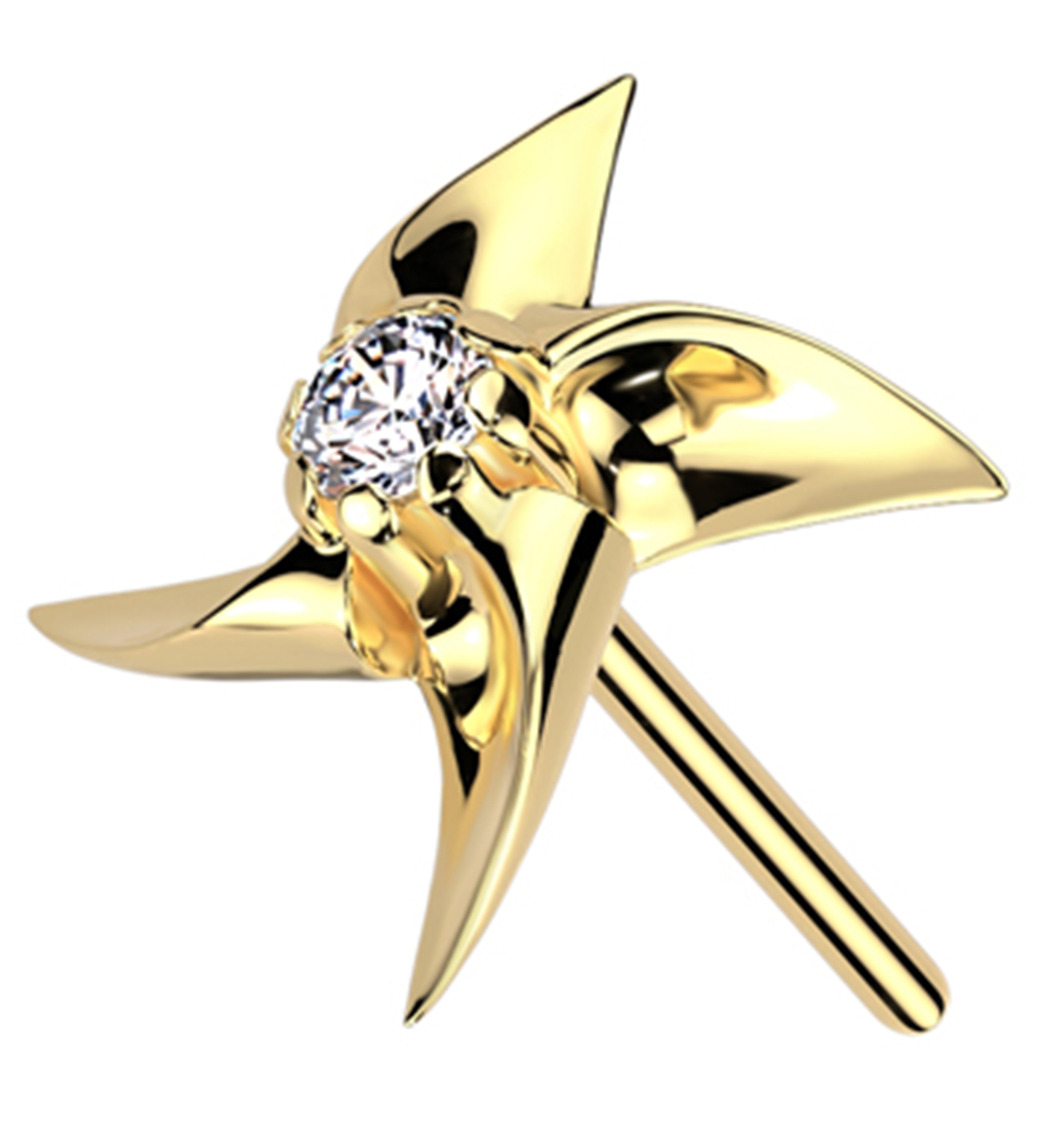 14kt Gold Pinwheel Clear CZ Threadless Top | UrbanBodyJewelry.com