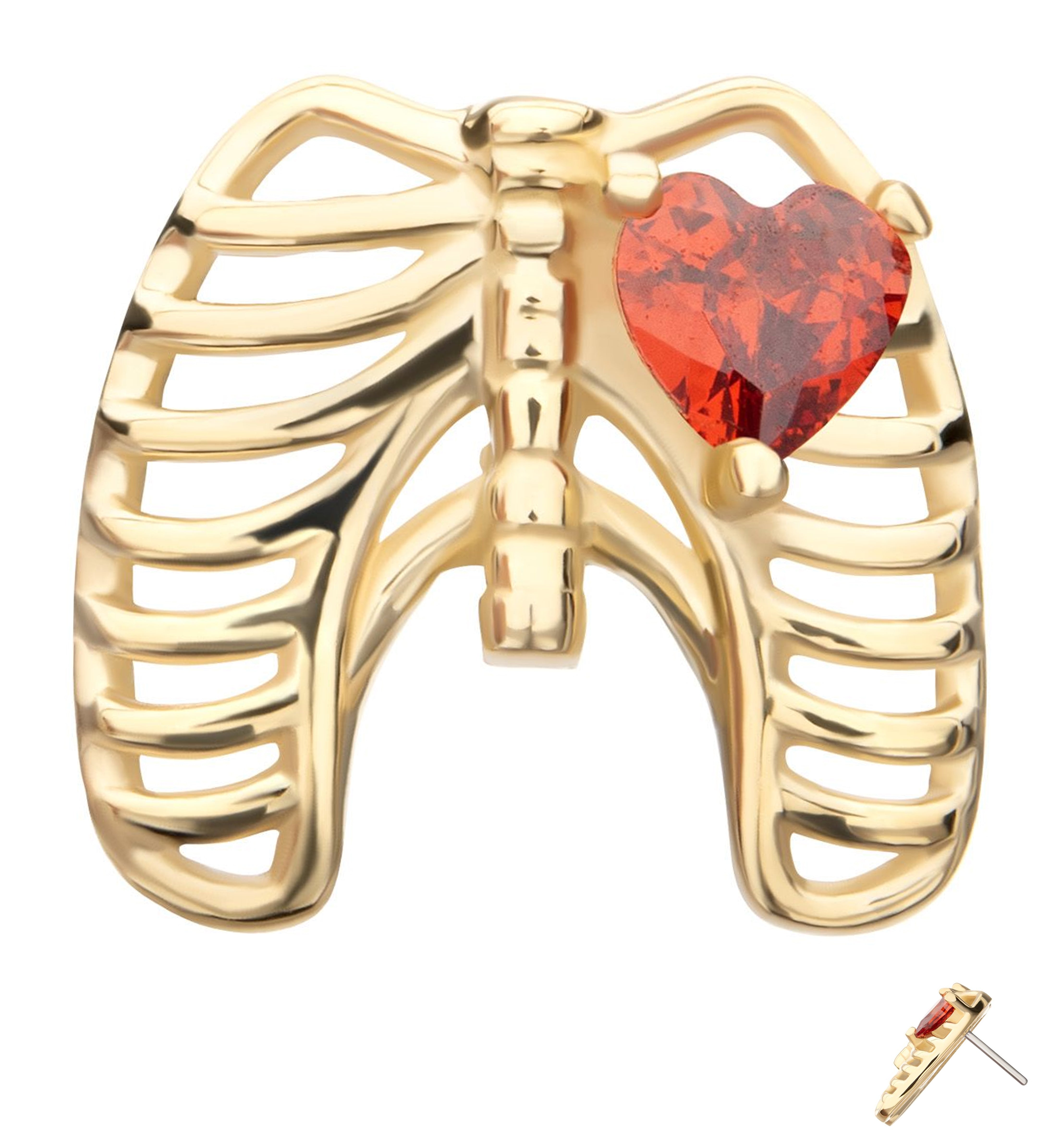 14kt Gold Ribcage Red Heart CZ Threadless Top | UrbanBodyJewelry.com