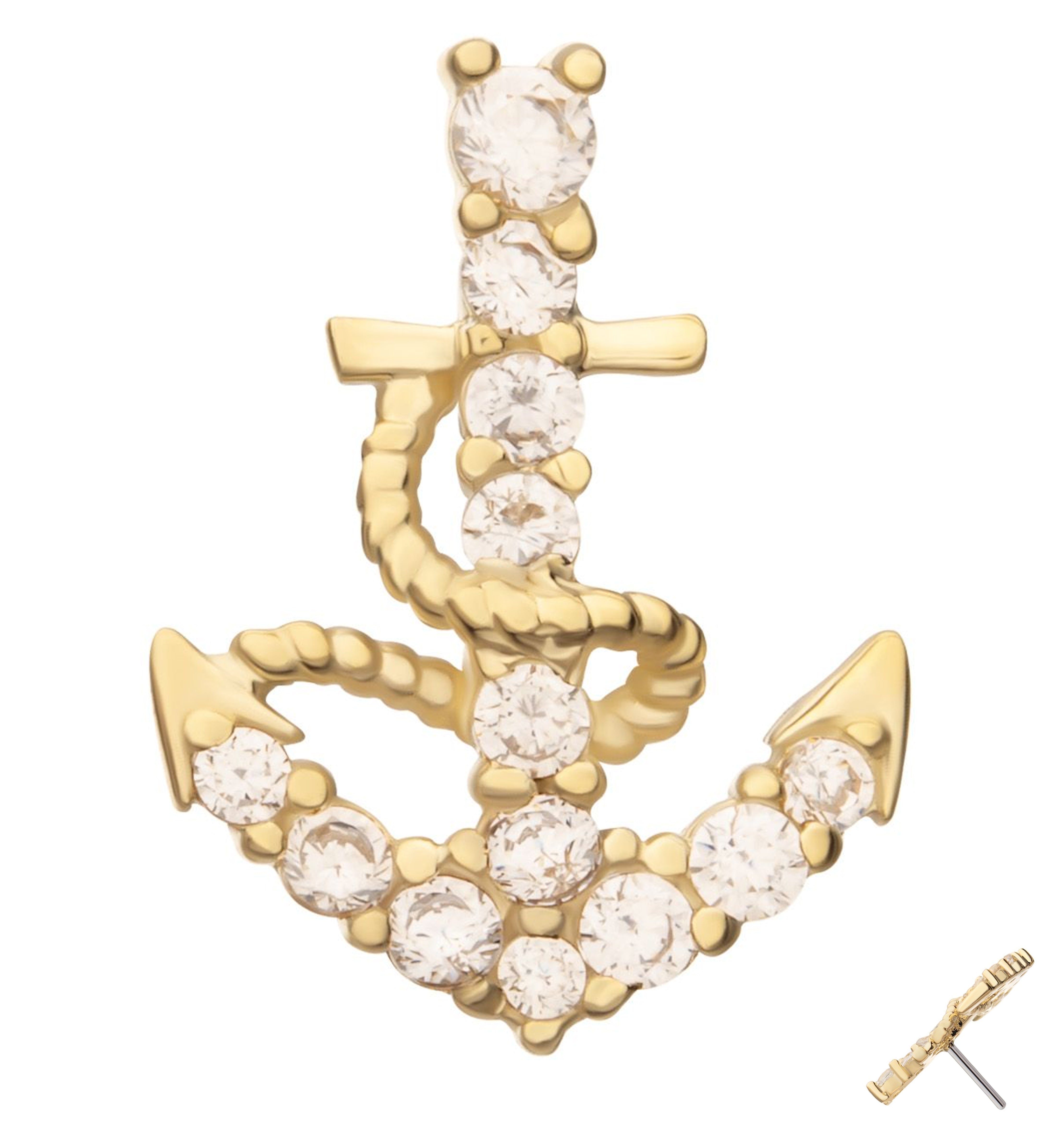 14kt Gold Rope And Anchor Clear CZ Threadless Top | UrbanBodyJewelry.com
