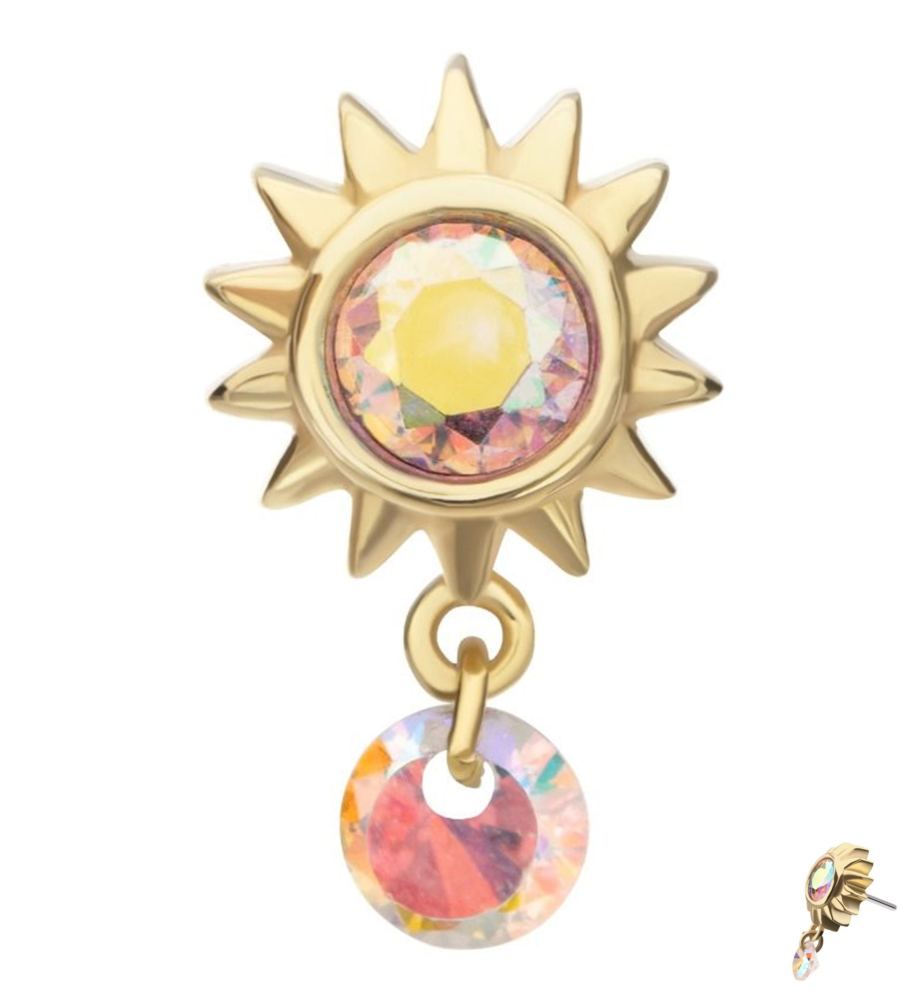 14kt Gold Spike Sun Rainbow Aurora CZ Dangle Threadless Top ...