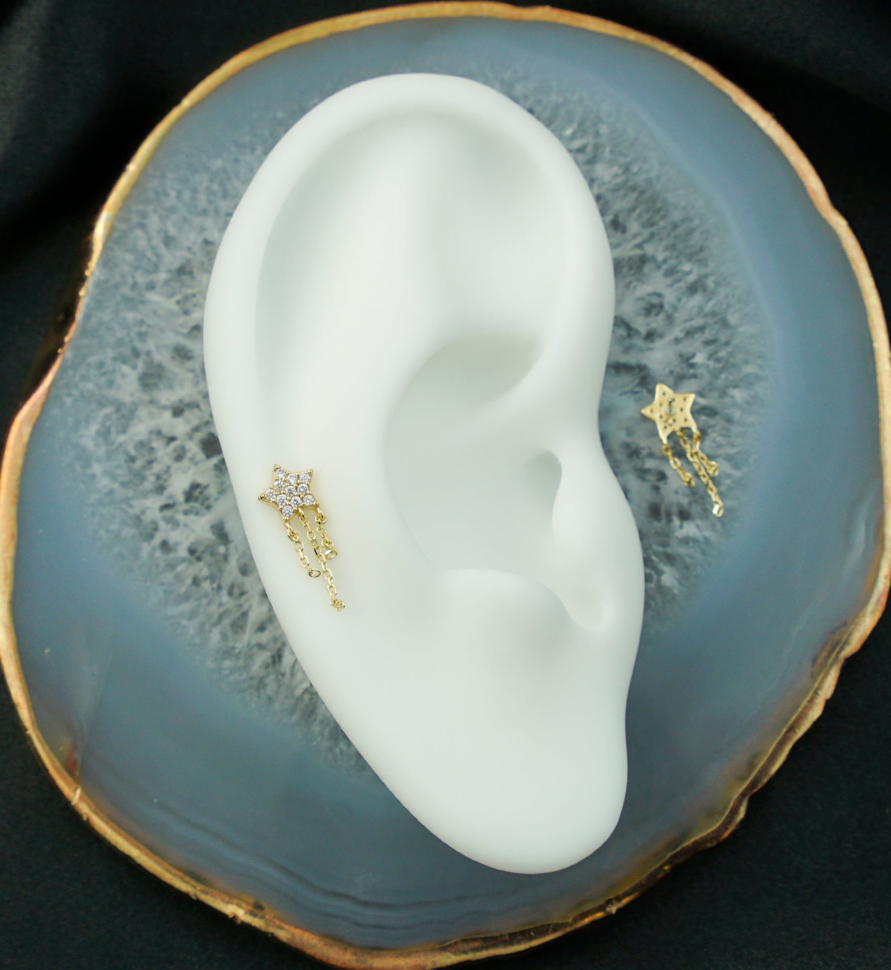 14kt Gold Star Clear CZ Triple Dangle Threadless Top | UrbanBodyJewelry.com