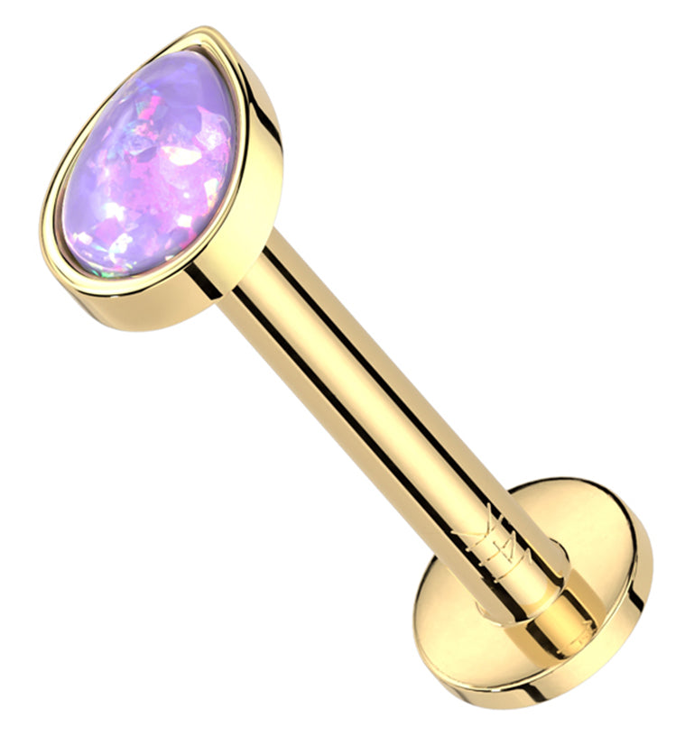 14kt Gold Teardrop Purple Opalite Threadless Labret | UrbanBodyJewelry.com