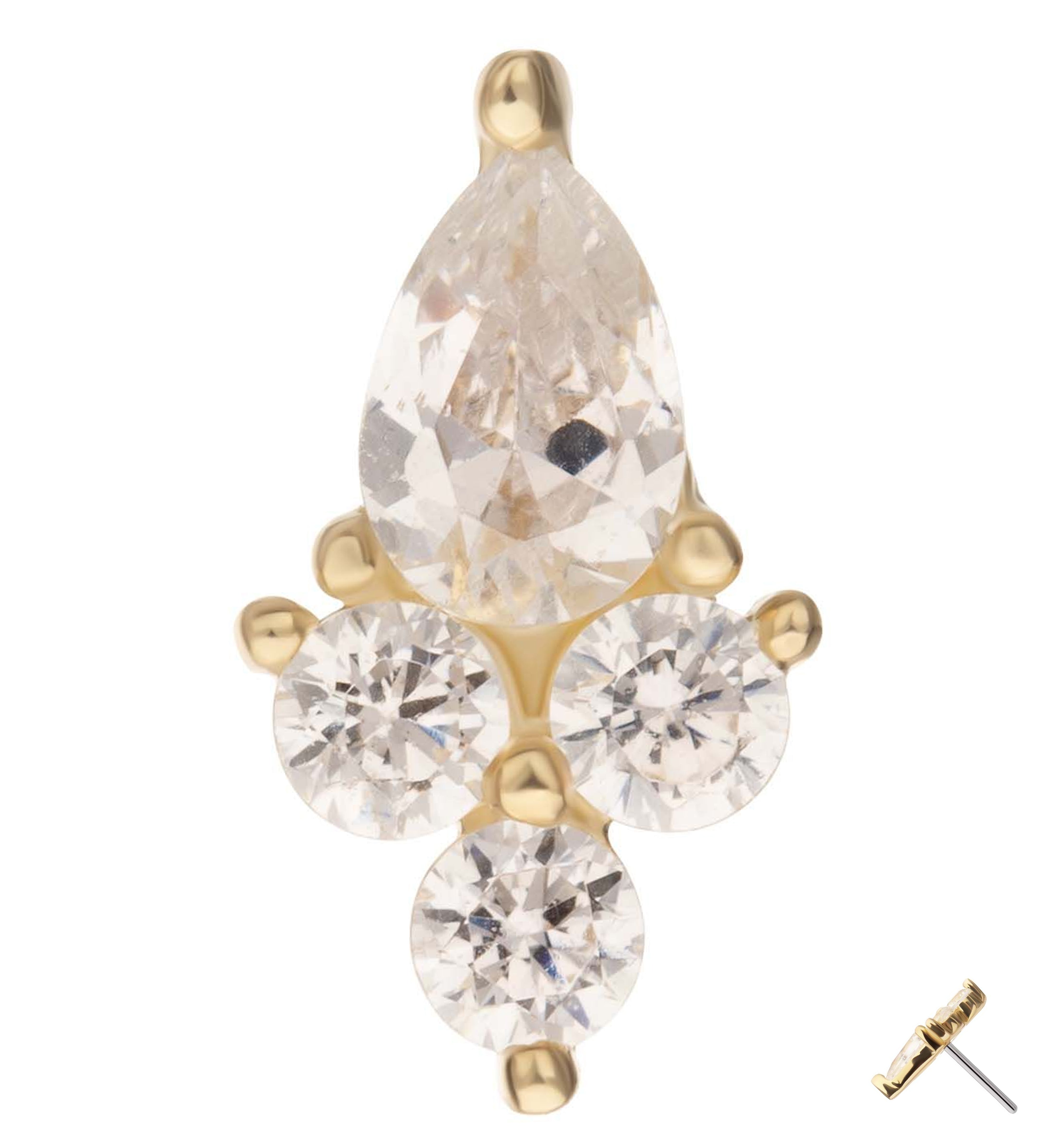 14kt Gold Teardrop Trinity Bottom Clear CZ Threadless Top ...