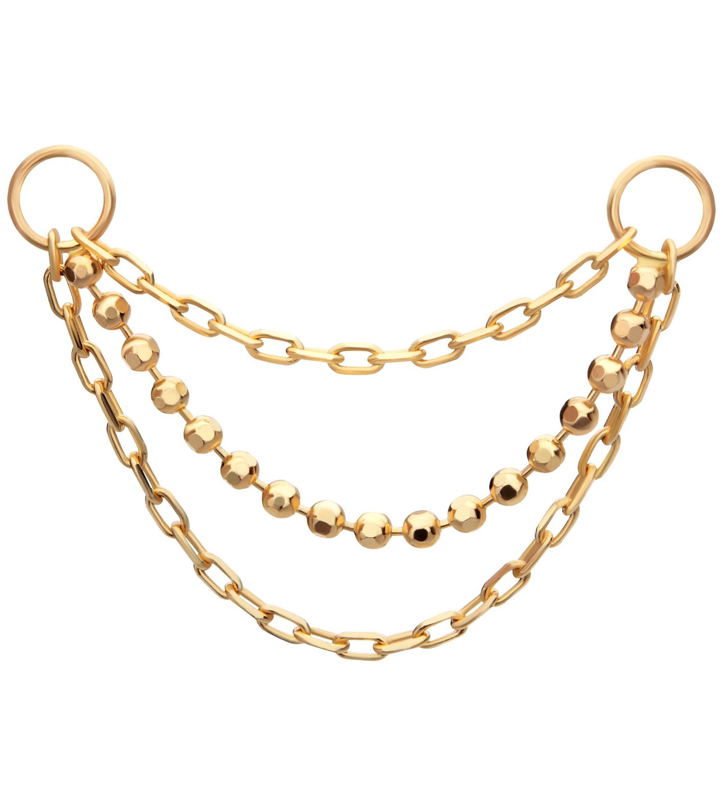 14kt Gold Triple Link And Bead Nose & Cartilage Piercing Chain
