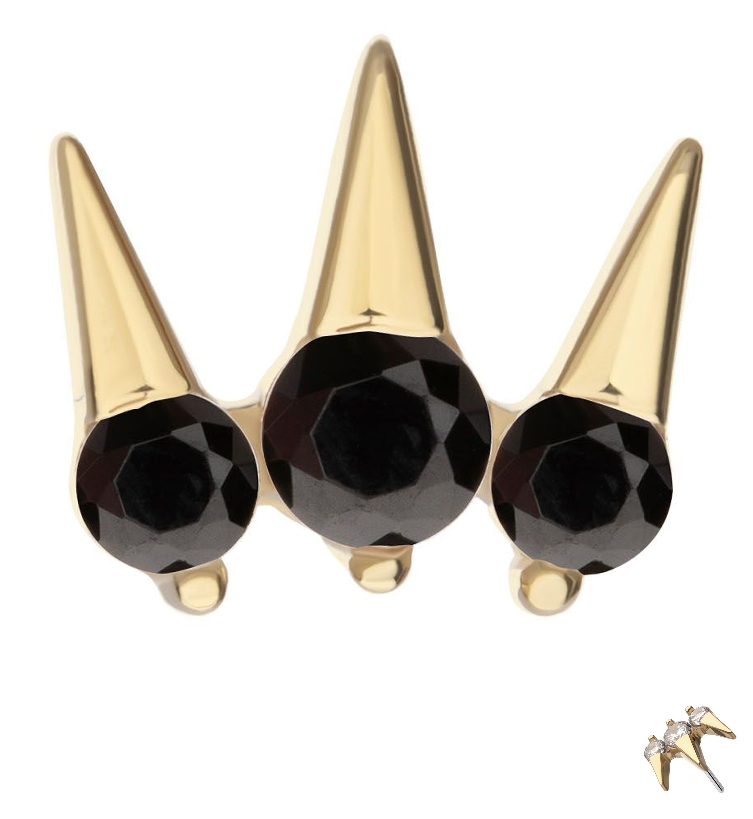 14kt Gold Triple Spike Black CZ Threadless Top | UrbanBodyJewelry.com