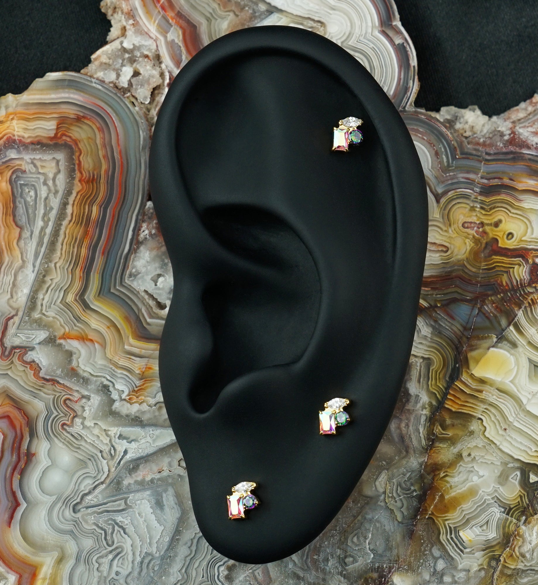 24kt Gold PVD Bramble Rainbow Aurora CZ Titanium Threadless Top