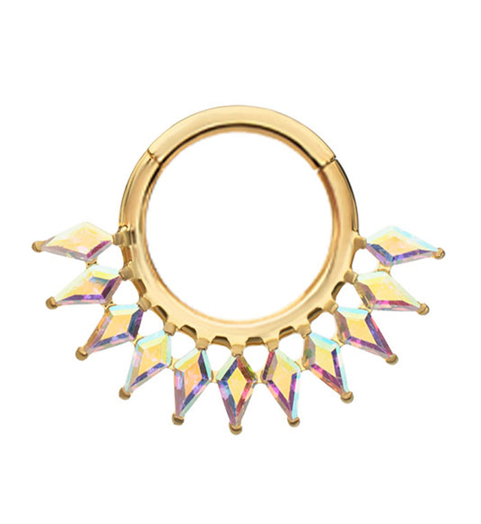 24kt Gold PVD Spear Rainbow Aurora CZ Titanium Hinged Segment Ring