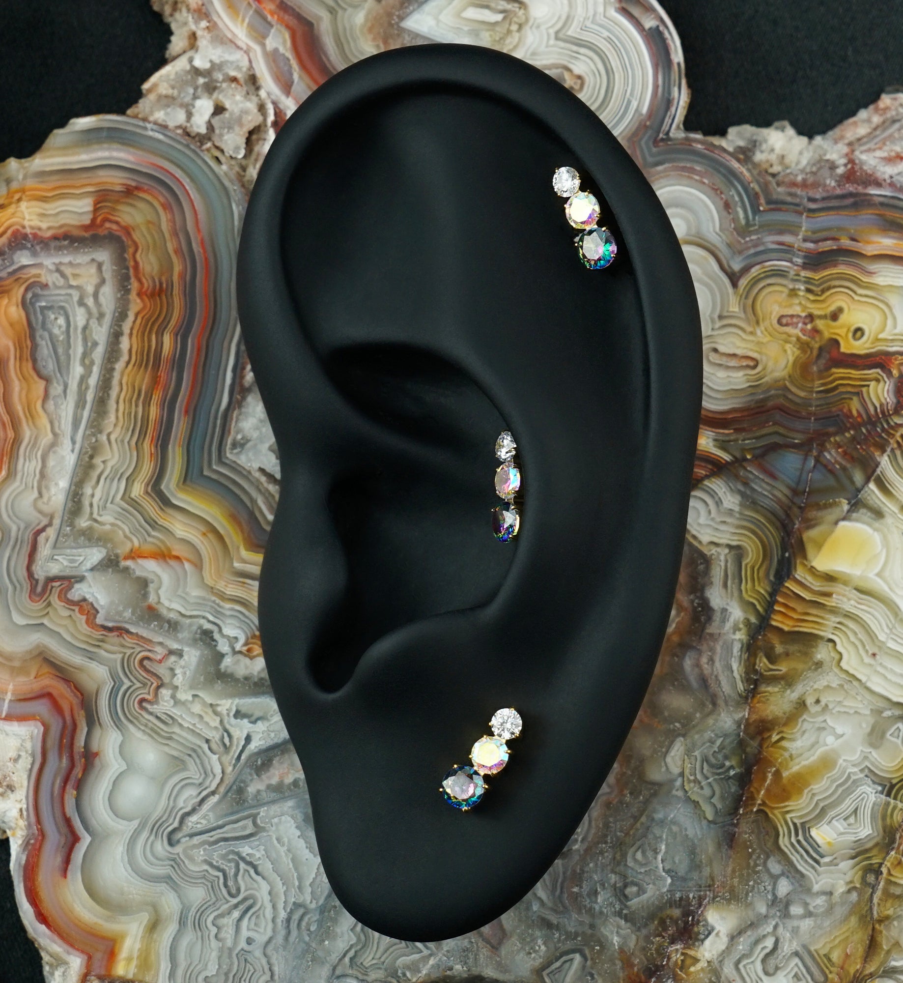 24kt Gold PVD Ellipses Black Aurora CZ Titanium Threadless Top