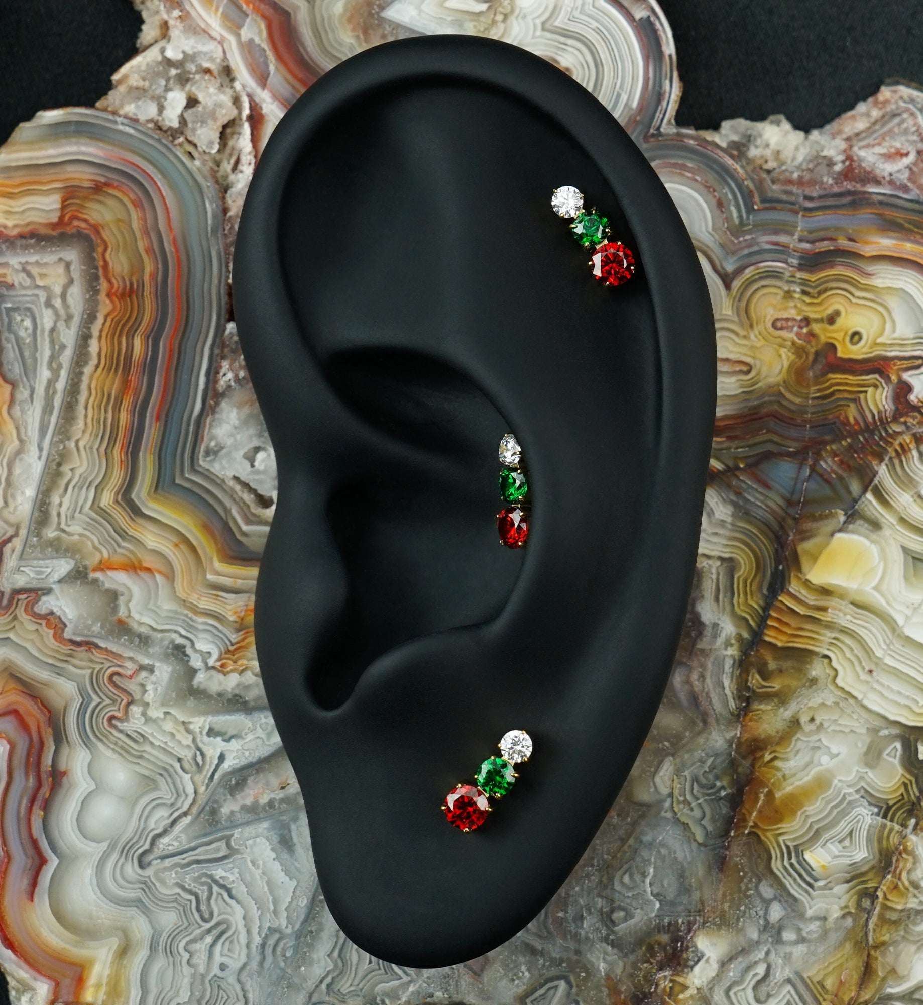 24kt Gold PVD Ellipses Garnet and Emerald CZ Titanium Threadless Top