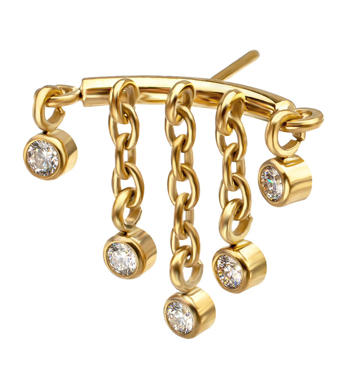 24kt Gold PVD Hidden Curved Bar Multi CZ Dangle Chain Titanium Threadl