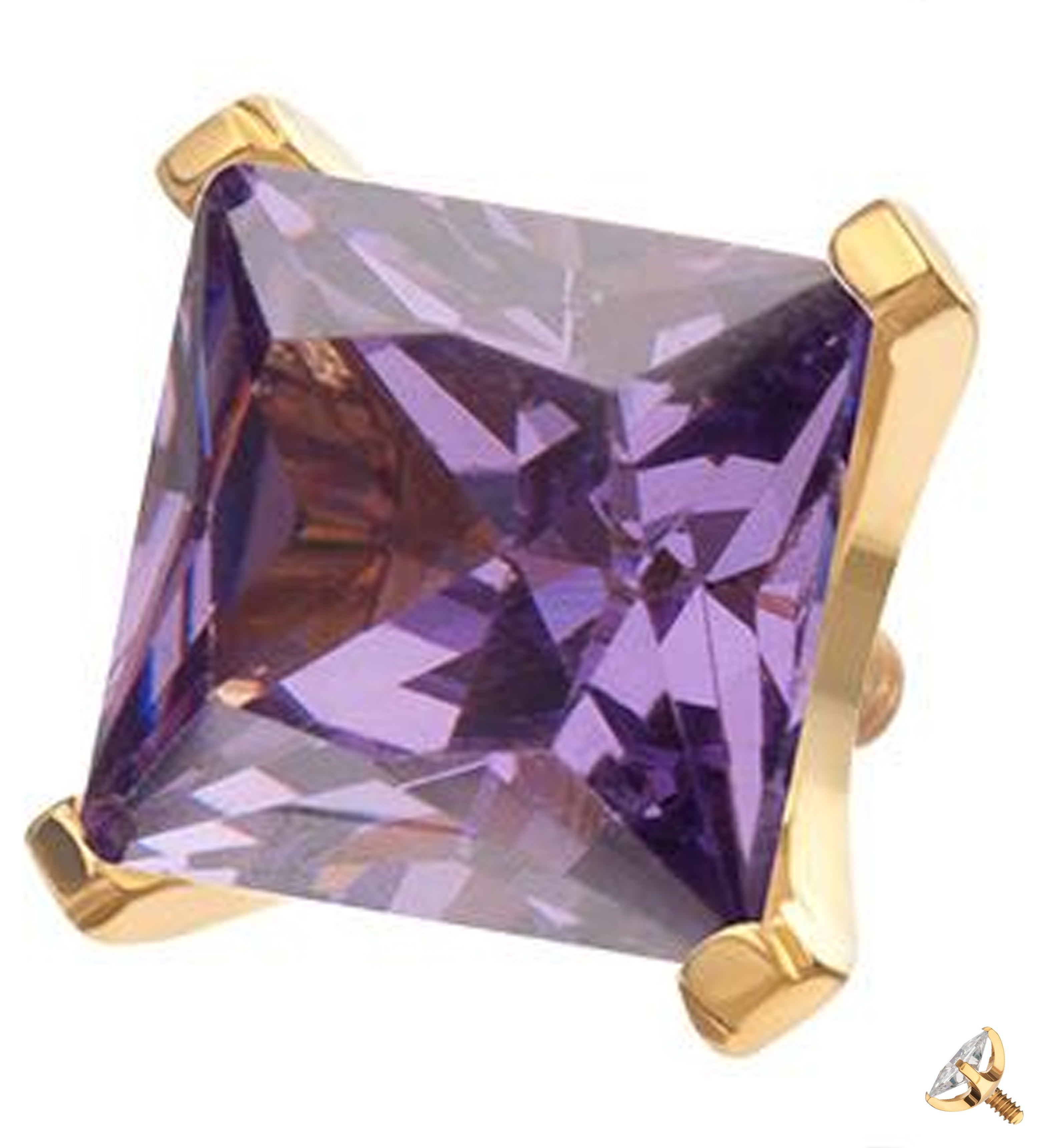 24kt Gold PVD Princess Amethyst CZ Internally Threaded Titanium Top ...