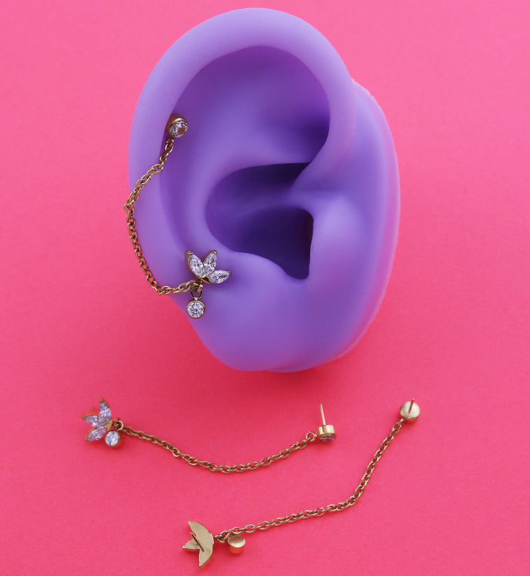 24kt Gold PVD Sepal Clear CZ Connector Cartilage Rolo Chain Threadless ...