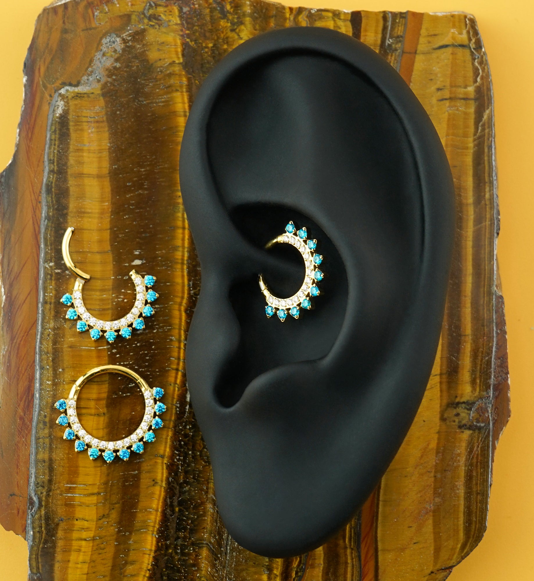 24kt Gold PVD Stonepath Blue Topaz CZ Titanium Hinged Segment Ring