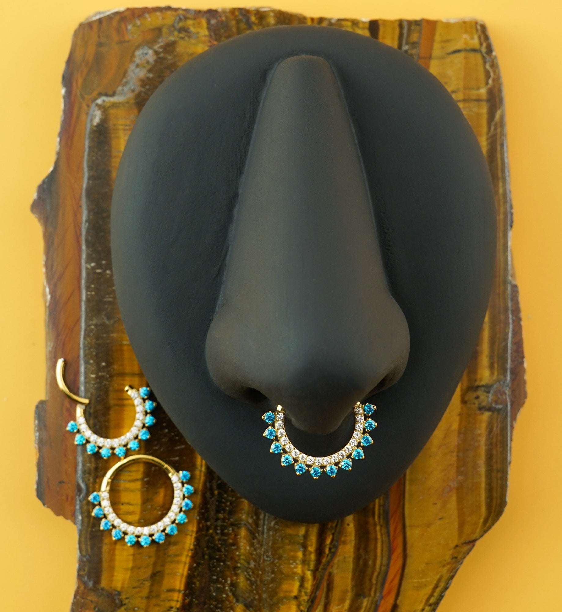 24kt Gold PVD Stonepath Blue Topaz CZ Titanium Hinged Segment Ring