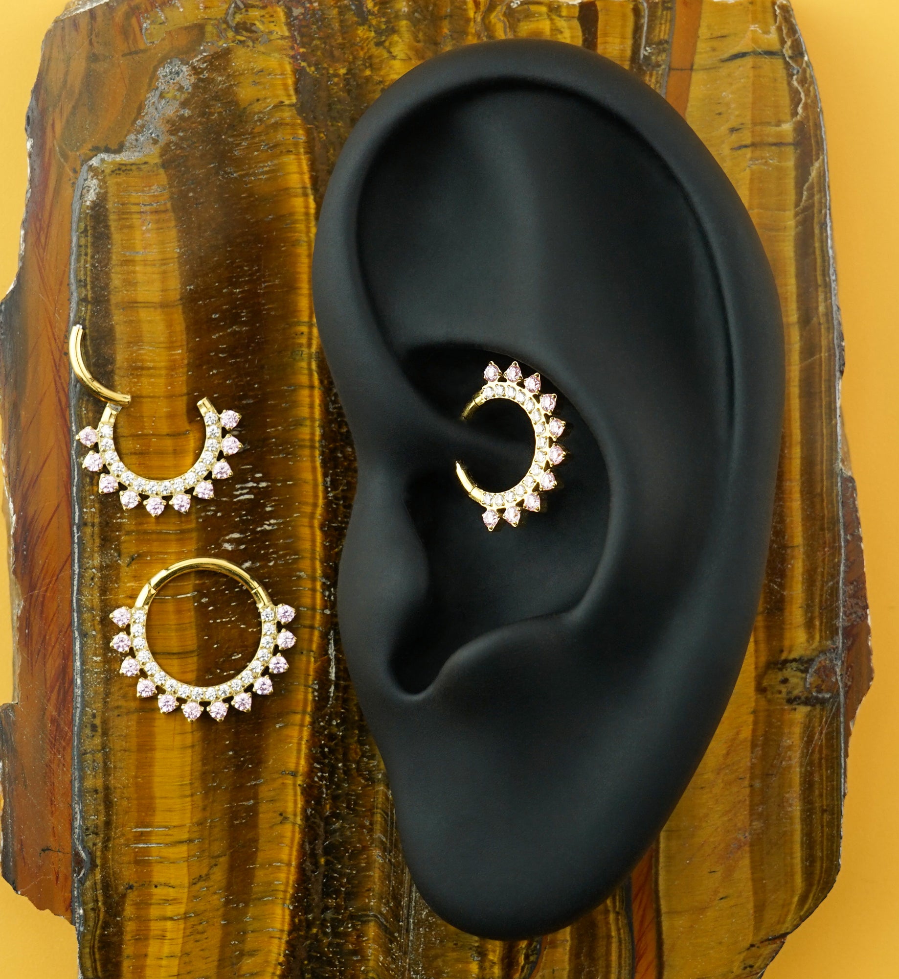 24kt Gold PVD Stonepath Pink CZ Titanium Hinged Segment Ring