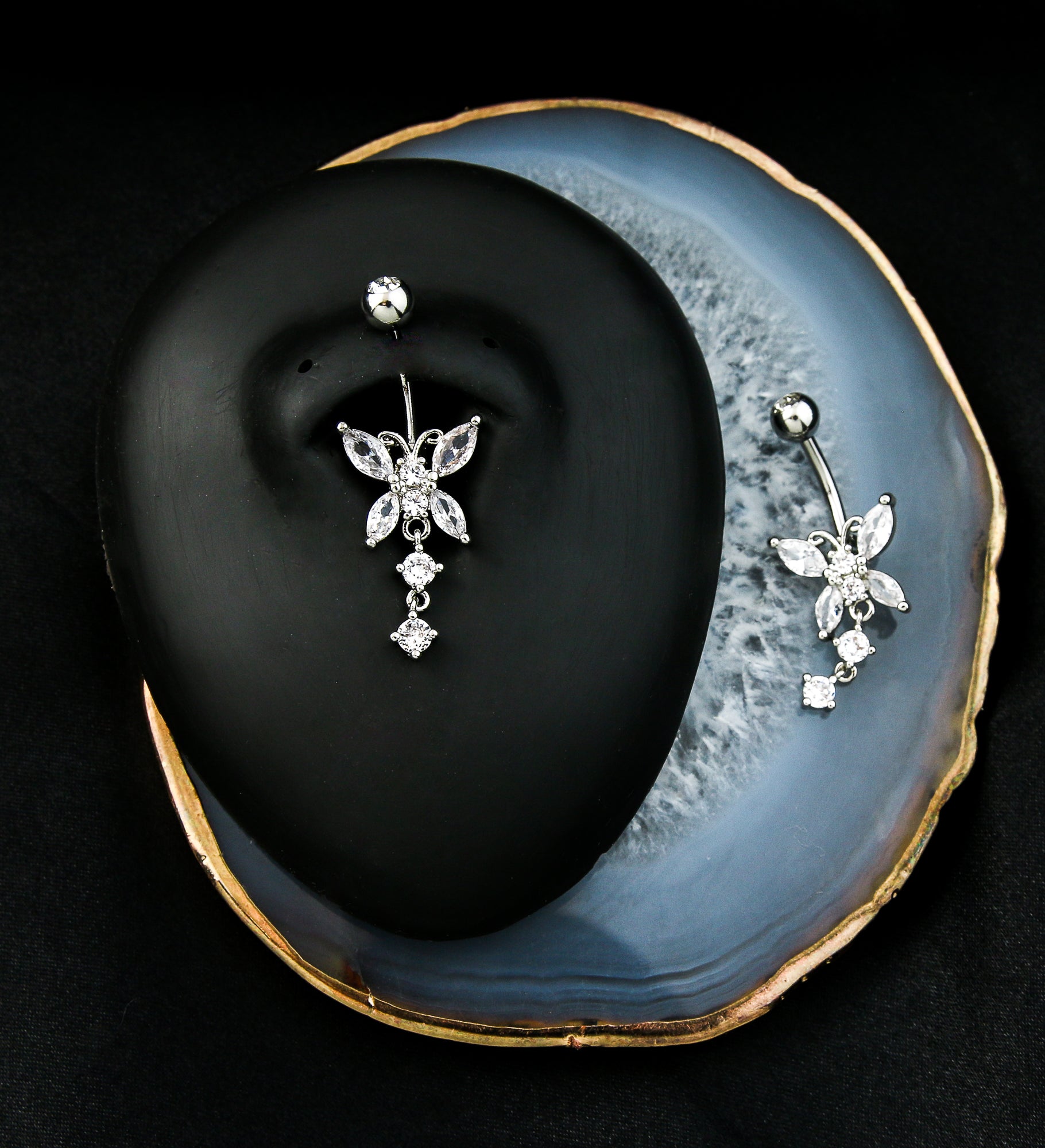 Fluttering Butterfly Clear CZ Dangle Stainless Steel Belly Button Ring | UrbanBodyJewelry.com