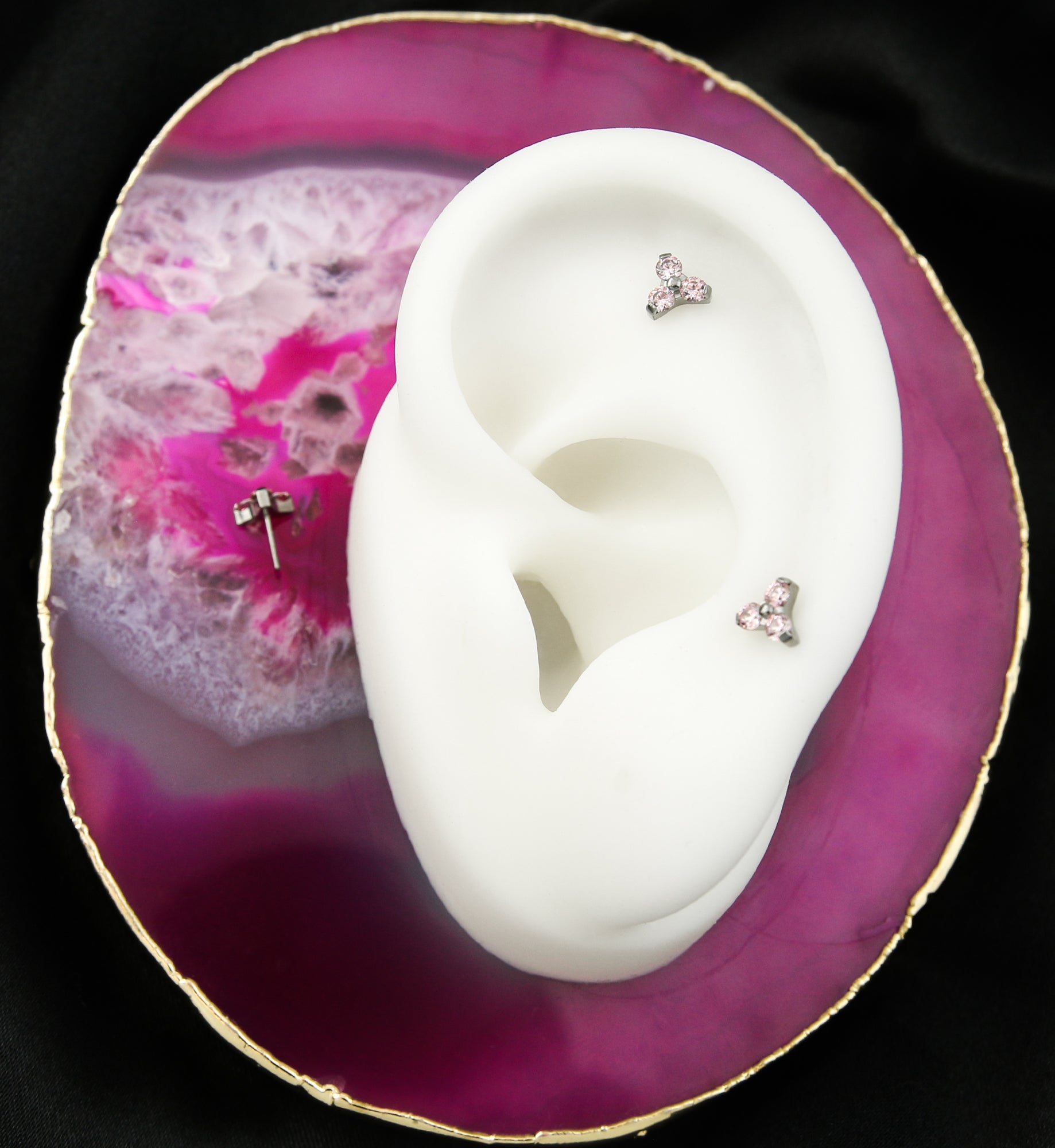 Pink CZ Trinity Round Titanium Threadless Top | UrbanBodyJewelry.com