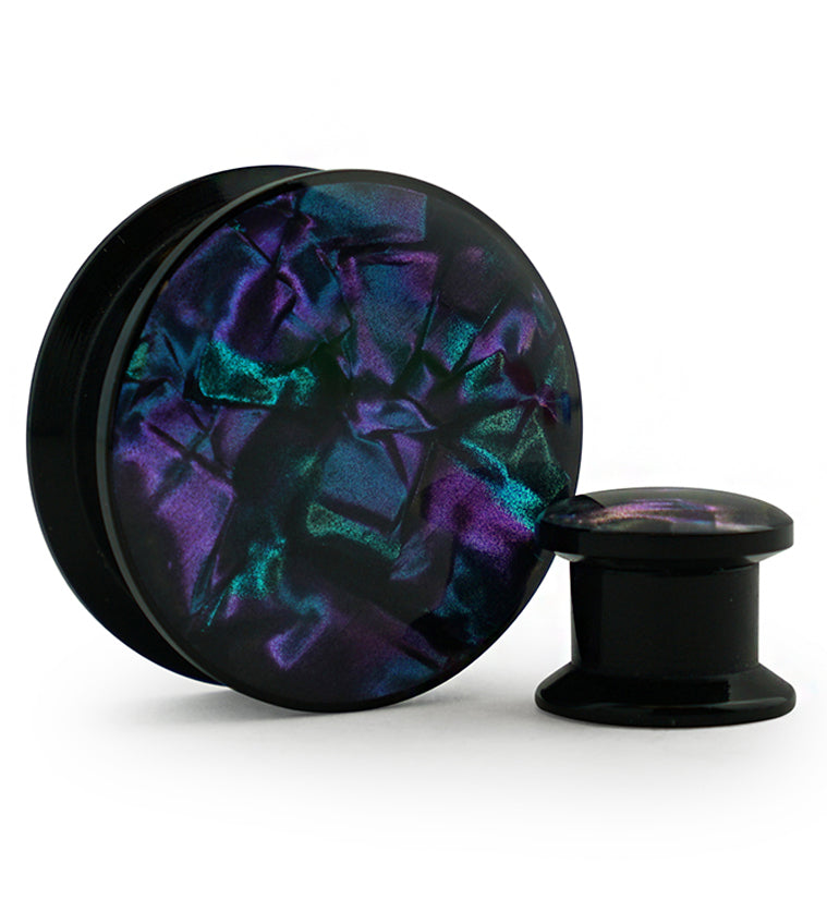 Acrylic Black Plugs With Abalone Shell Inlay (4G - 1")