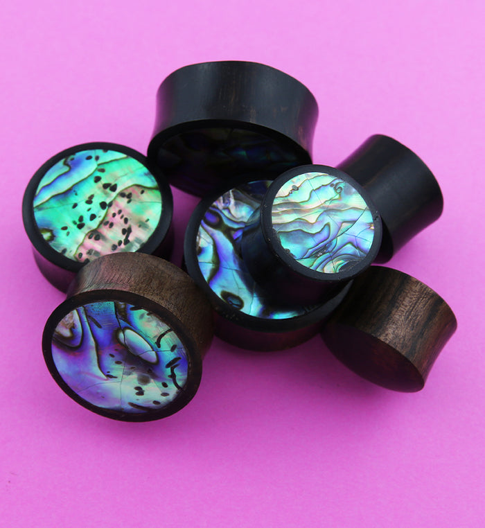 Exotic Abalone Shell Inlay Wood Plugs (6 Gauge - 2 Inch)