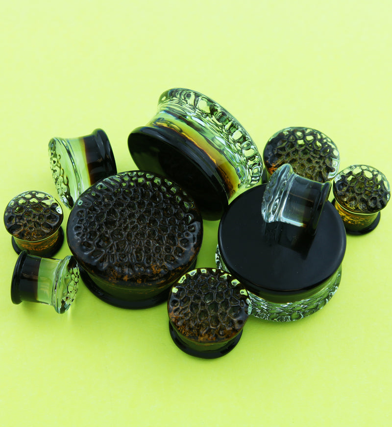 Amber Hammered Glass Double Flare Plugs