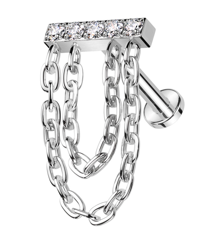 Bar Clear CZ Double Dangle Chain Titanium Internally Threaded Labret ...