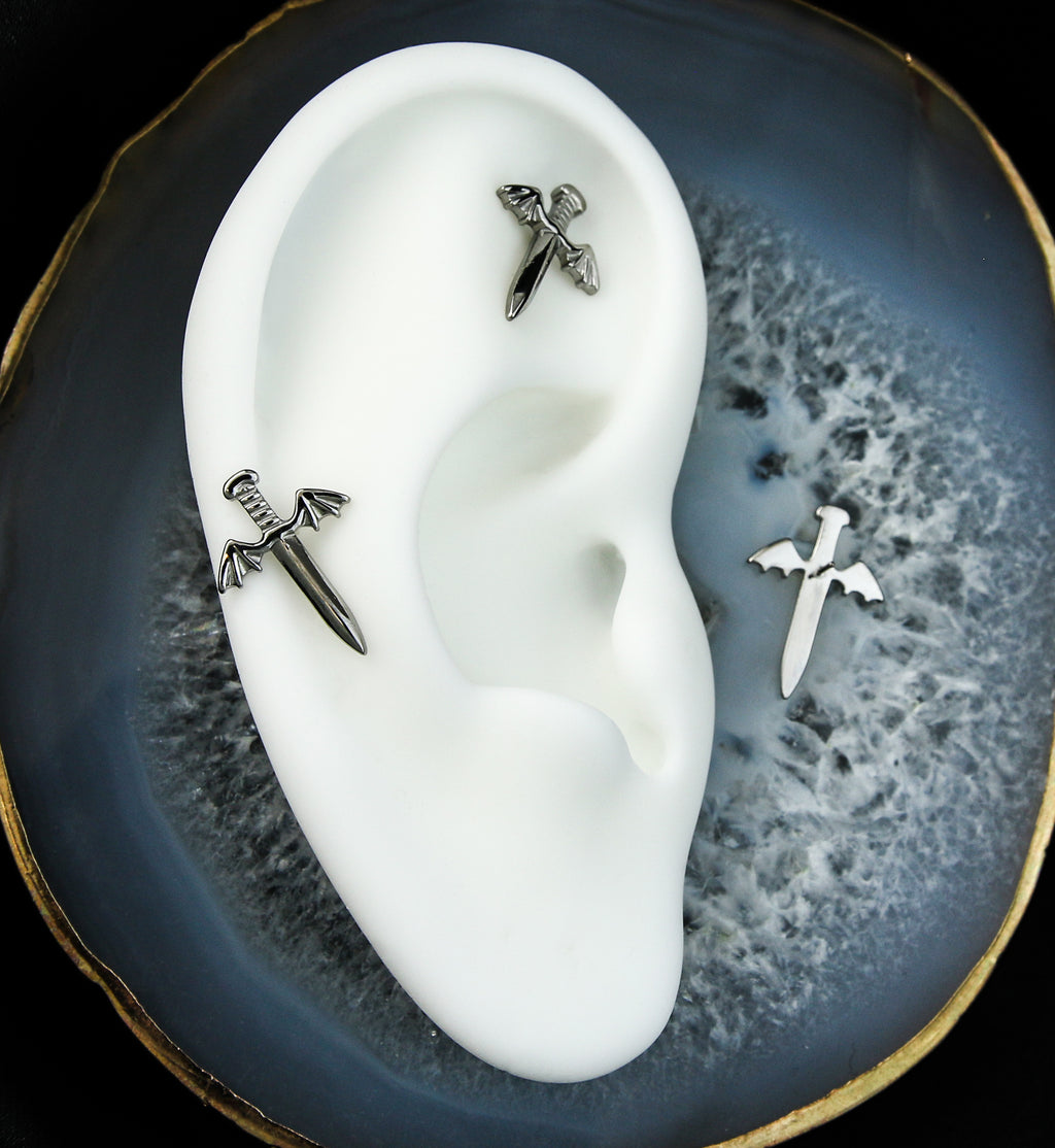 Bat Wing Dagger Titanium Threadless Top | UrbanBodyJewelry.com