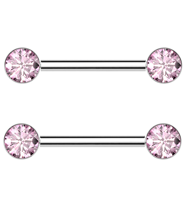 Bezel Pink CZ Threadless Titanium Nipple Barbells | UrbanBodyJewelry.com