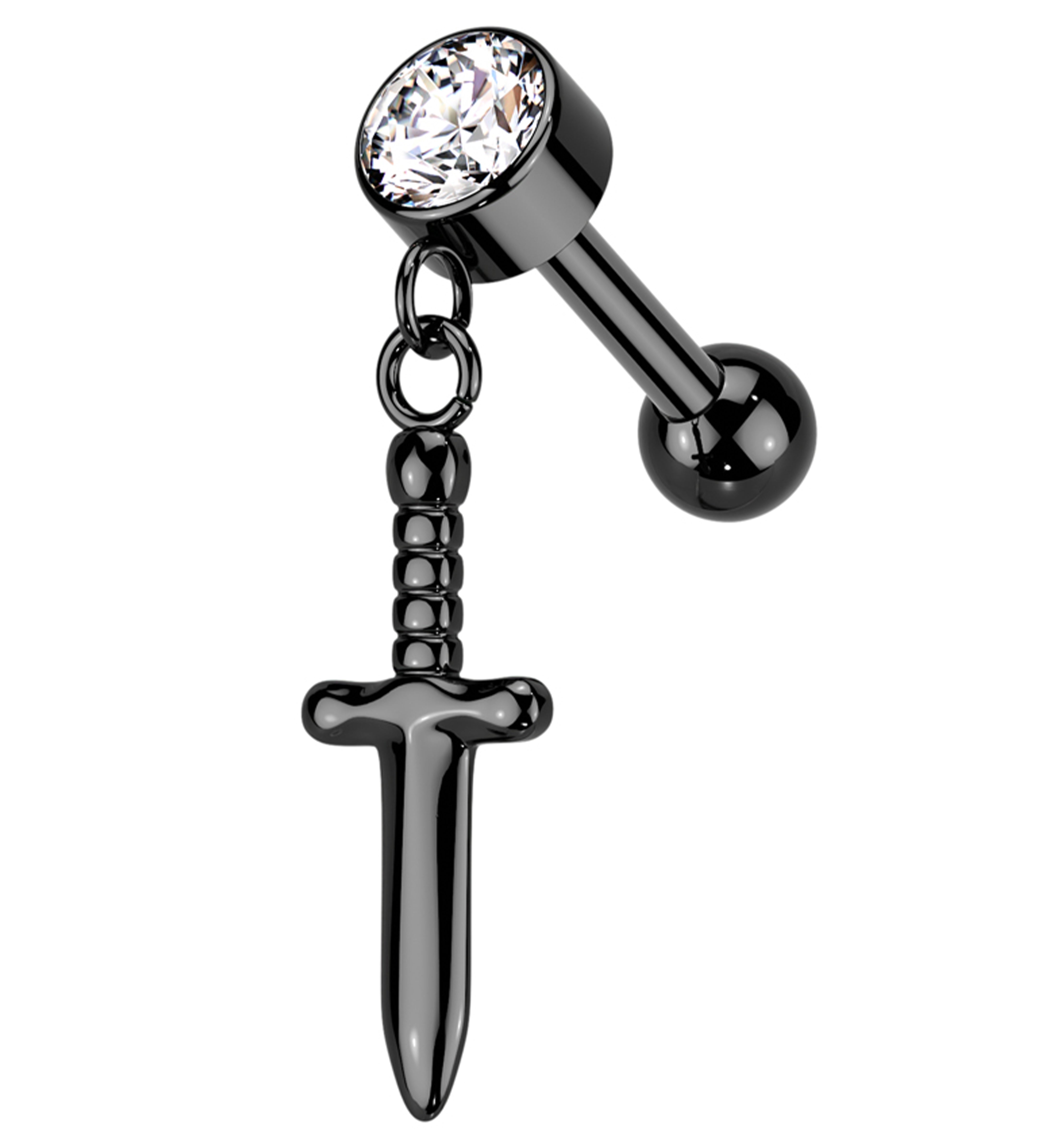 Black PVD Dangling Dagger Clear CZ Threadless Titanium Cartilage Barbe | UrbanBodyJewelry.com
