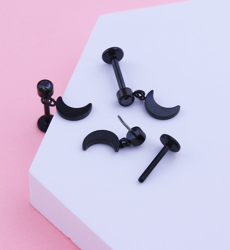 Black PVD Half Moon Dangle Black Aurora CZ Titanium Threadless Labret | UrbanBodyJewelry.com