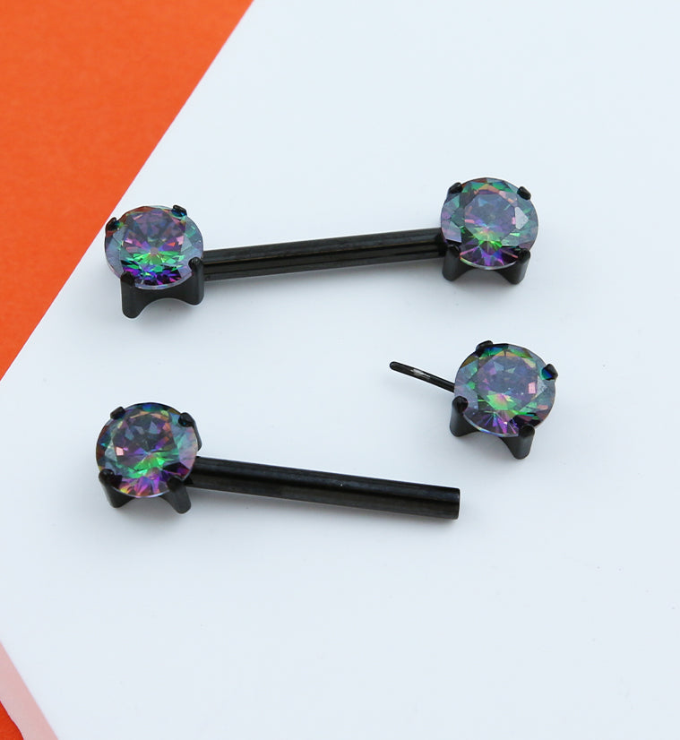 Black PVD Prong Black Aurora CZ Threadless Titanium Nipple Barbells ...