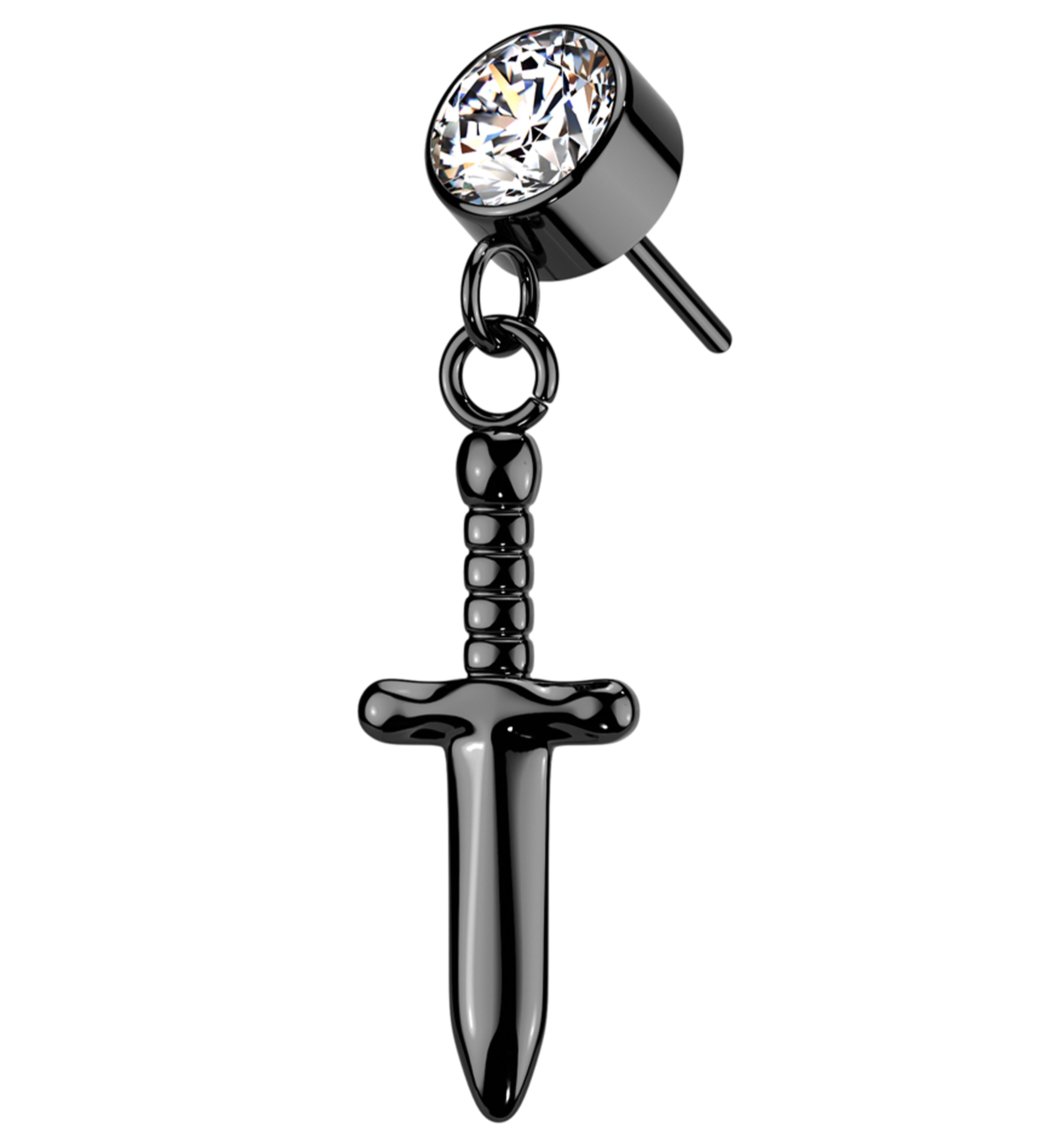 Black PVD Twisted Dagger Dangle Clear CZ Titanium Threadless Top | UrbanBodyJewelry.com