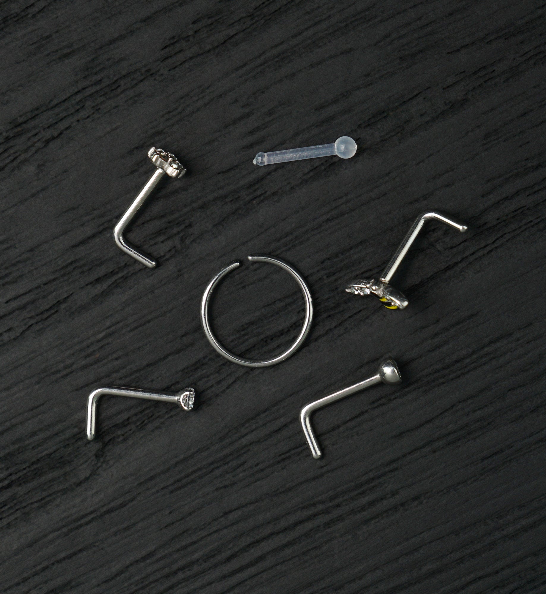 Blossom Clear CZ Stainless Steel L Bend/Stud/Hoop Variety Nose Ring Pa