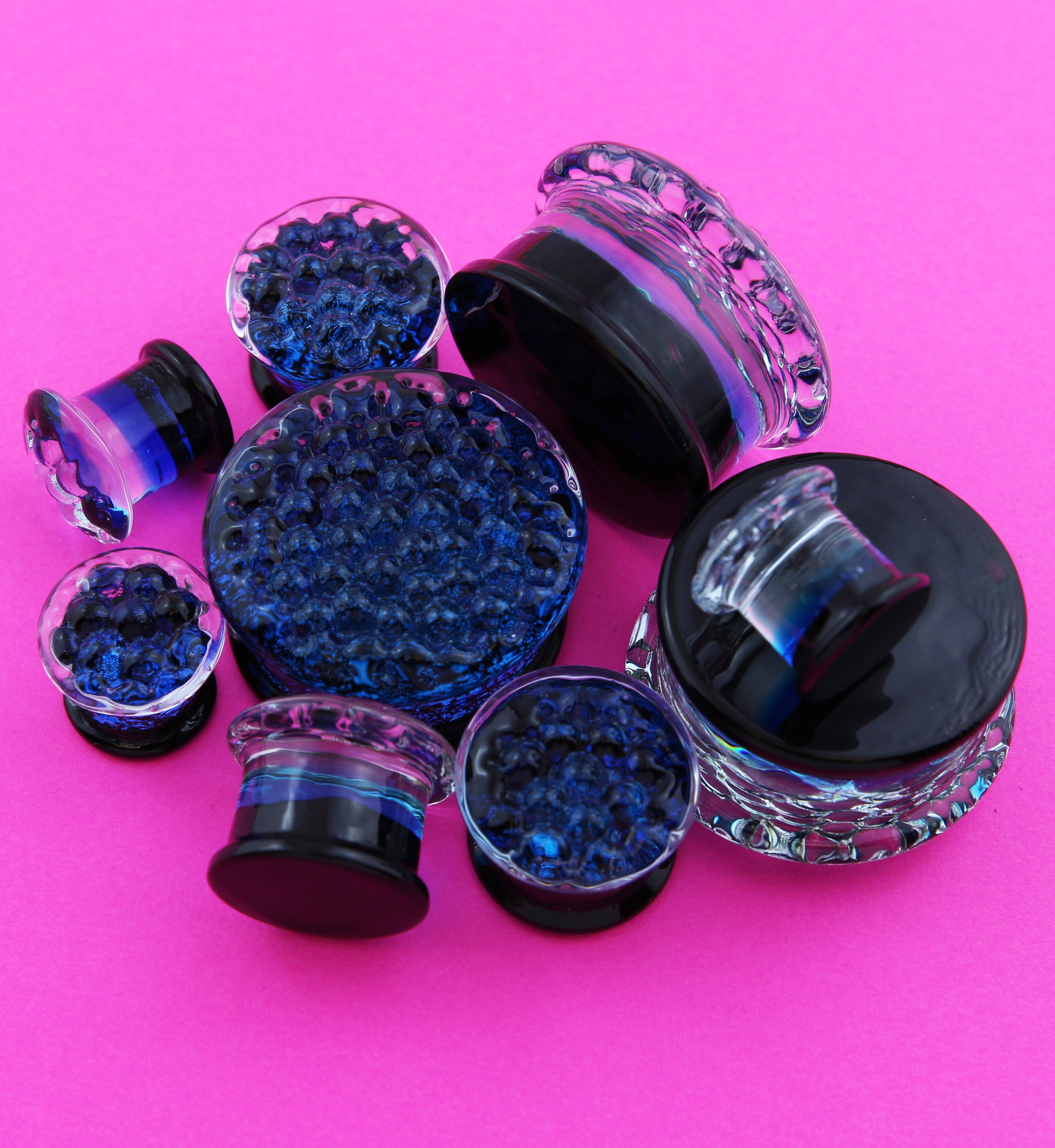 Blue Honeycomb Glass Double Flare Plugs | UrbanBodyJewelry.com