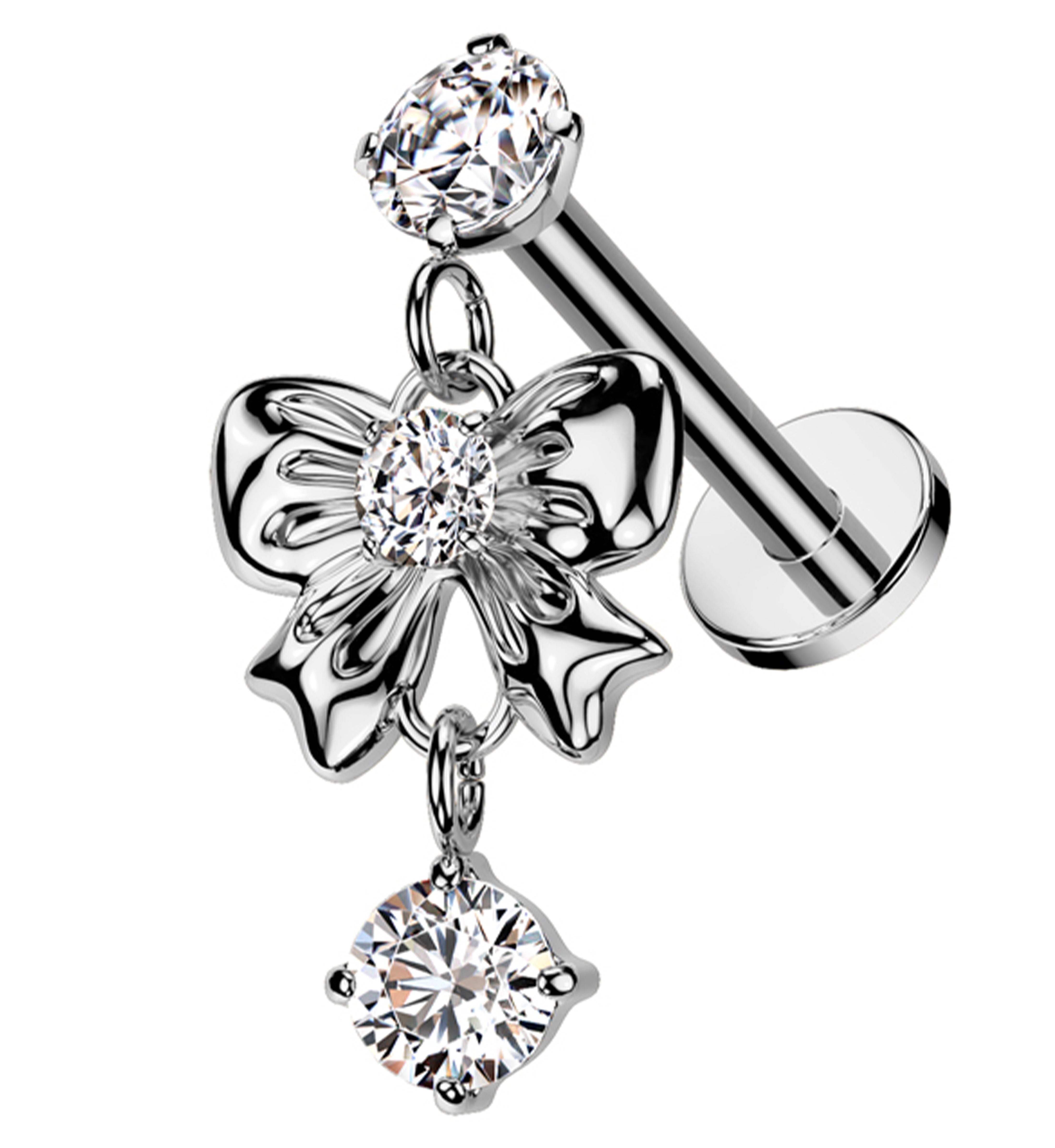 Bow Dangle Clear CZ Internally Threaded Stainless Steel Labret ...