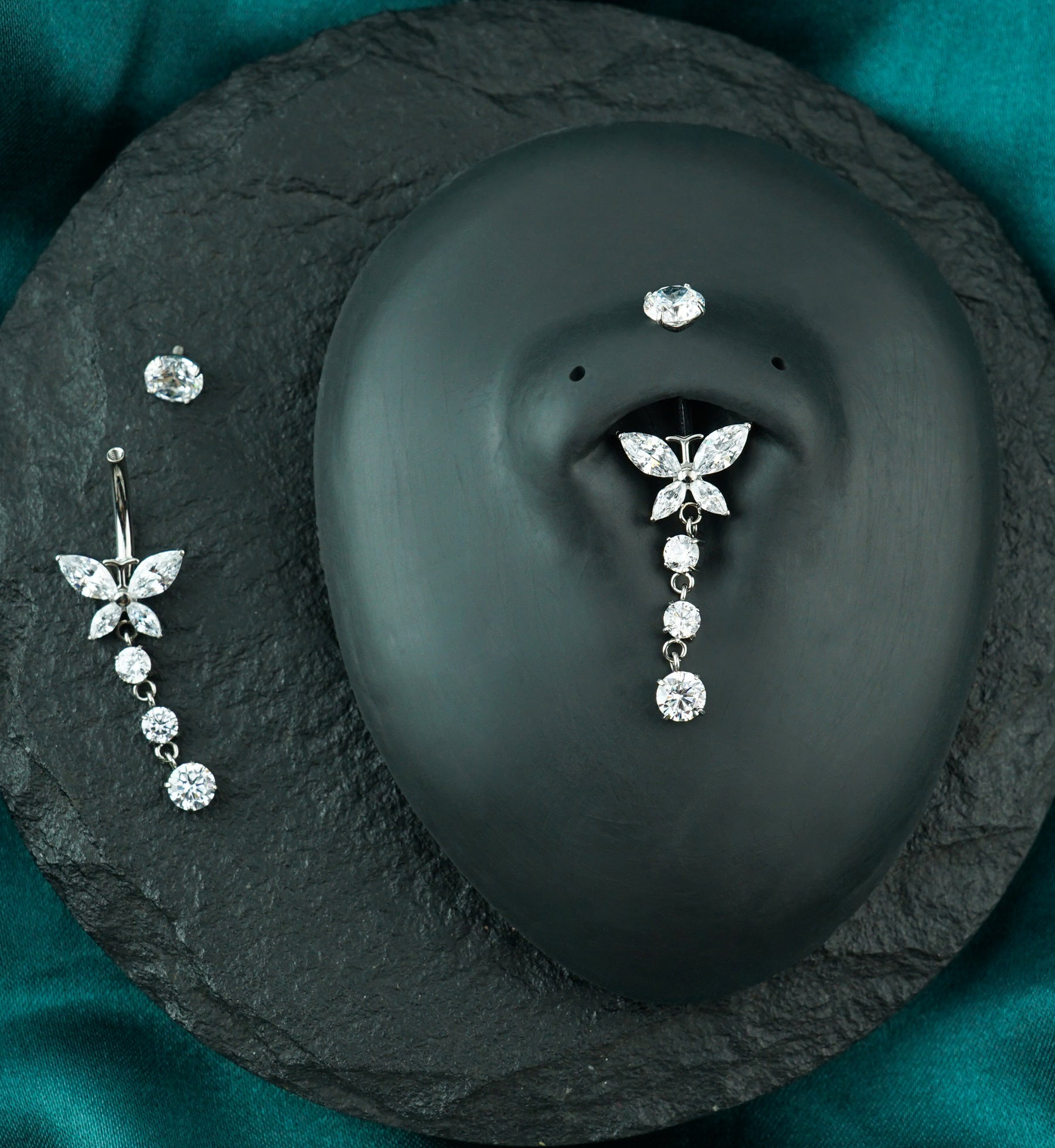 Butterfly Triple Dangle Clear CZ Titanium Internally Threaded Belly Bu