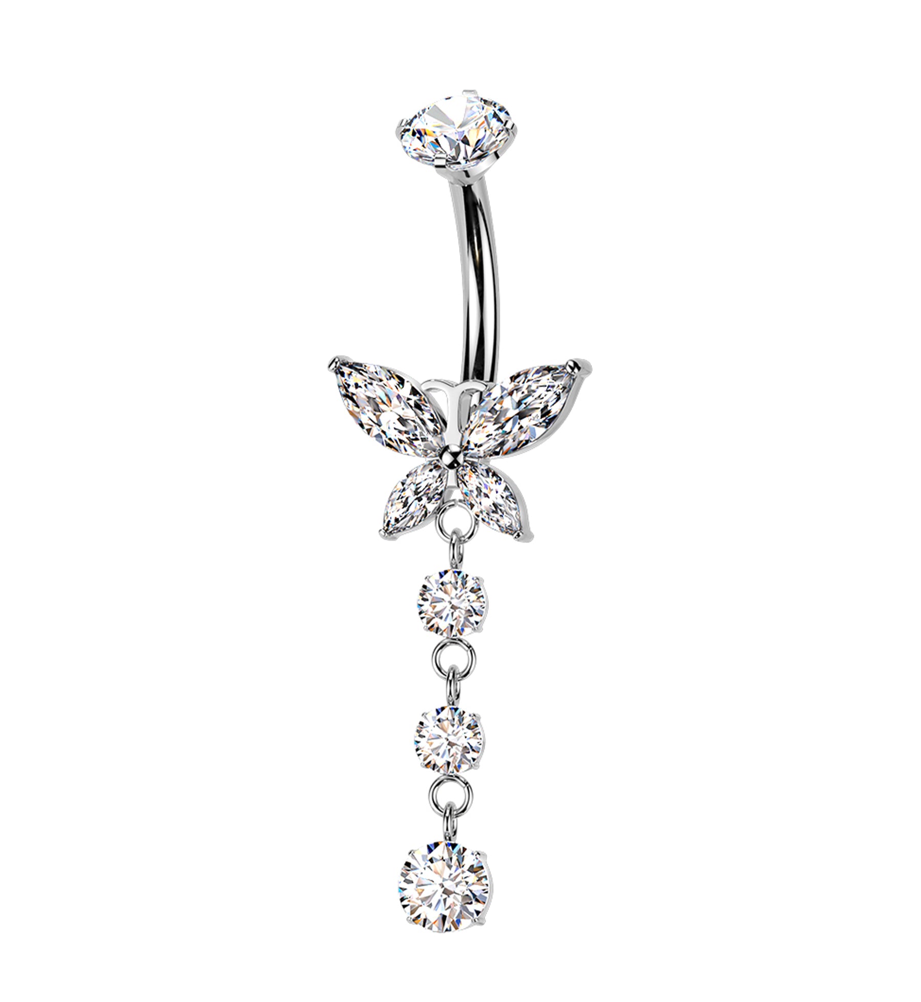 Butterfly Triple Dangle Clear CZ Titanium Internally Threaded Belly Bu