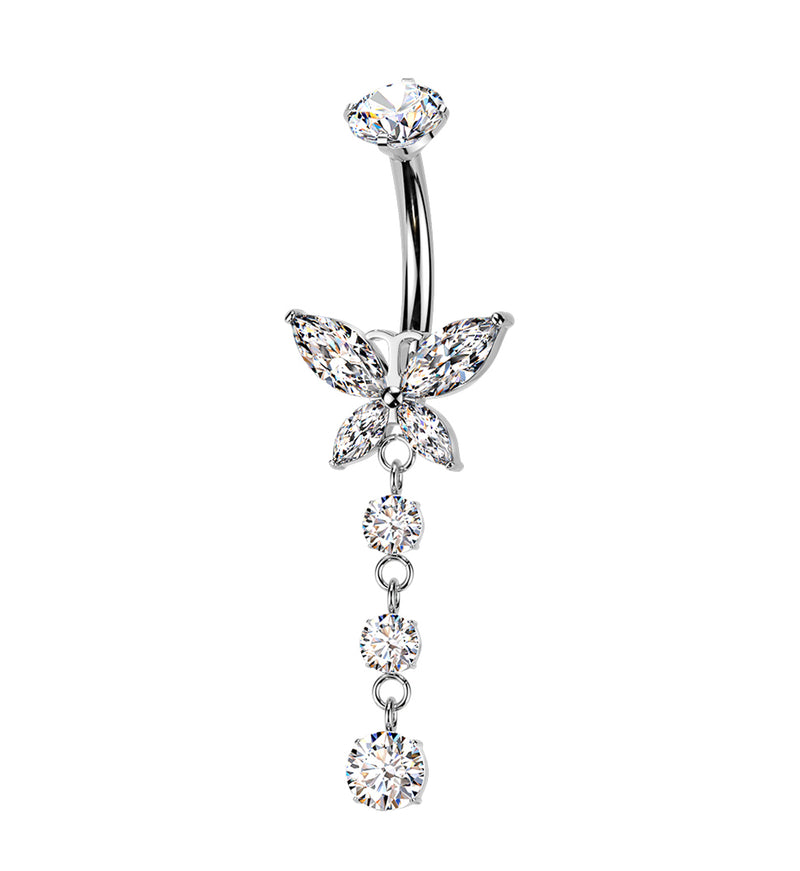 Butterfly Triple Dangle Clear CZ Titanium Internally Threaded Belly Bu