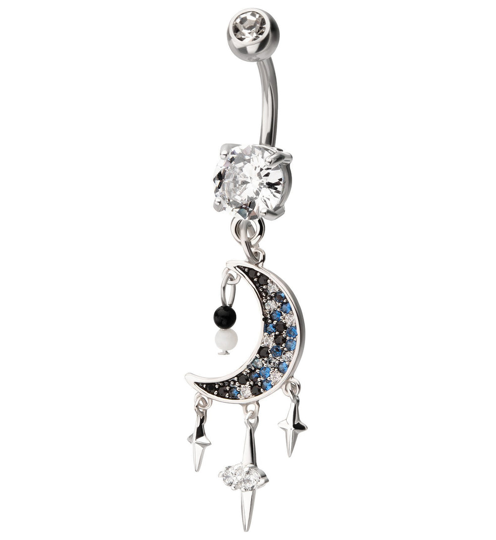 Crescent Moon With Triple Dangle Star Stainless Steel Belly Button Rin