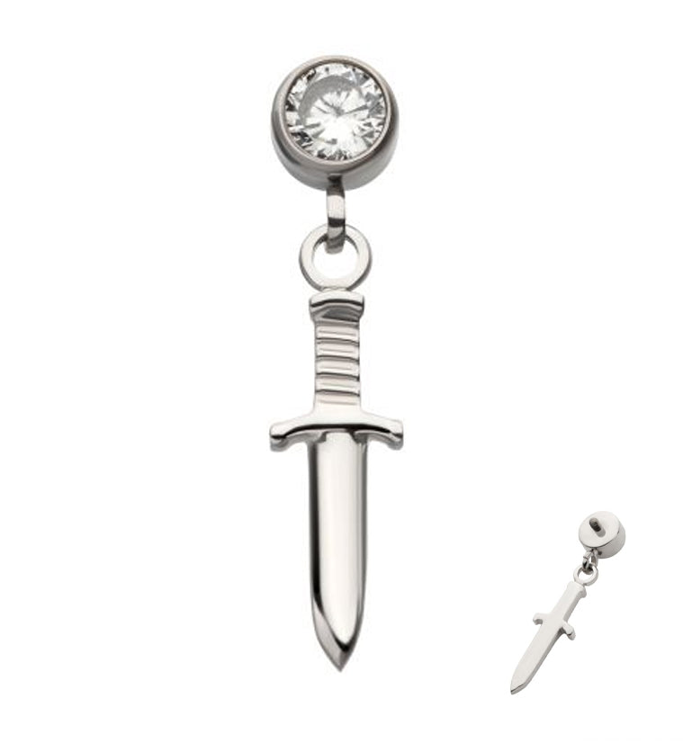 Dangle Dagger Clear CZ Internally Threaded Top | UrbanBodyJewelry.com