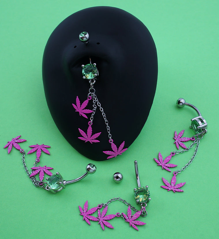 Dangling Triple Pink Hemp Leaf Green CZ Stainless Steel Belly Button R ...
