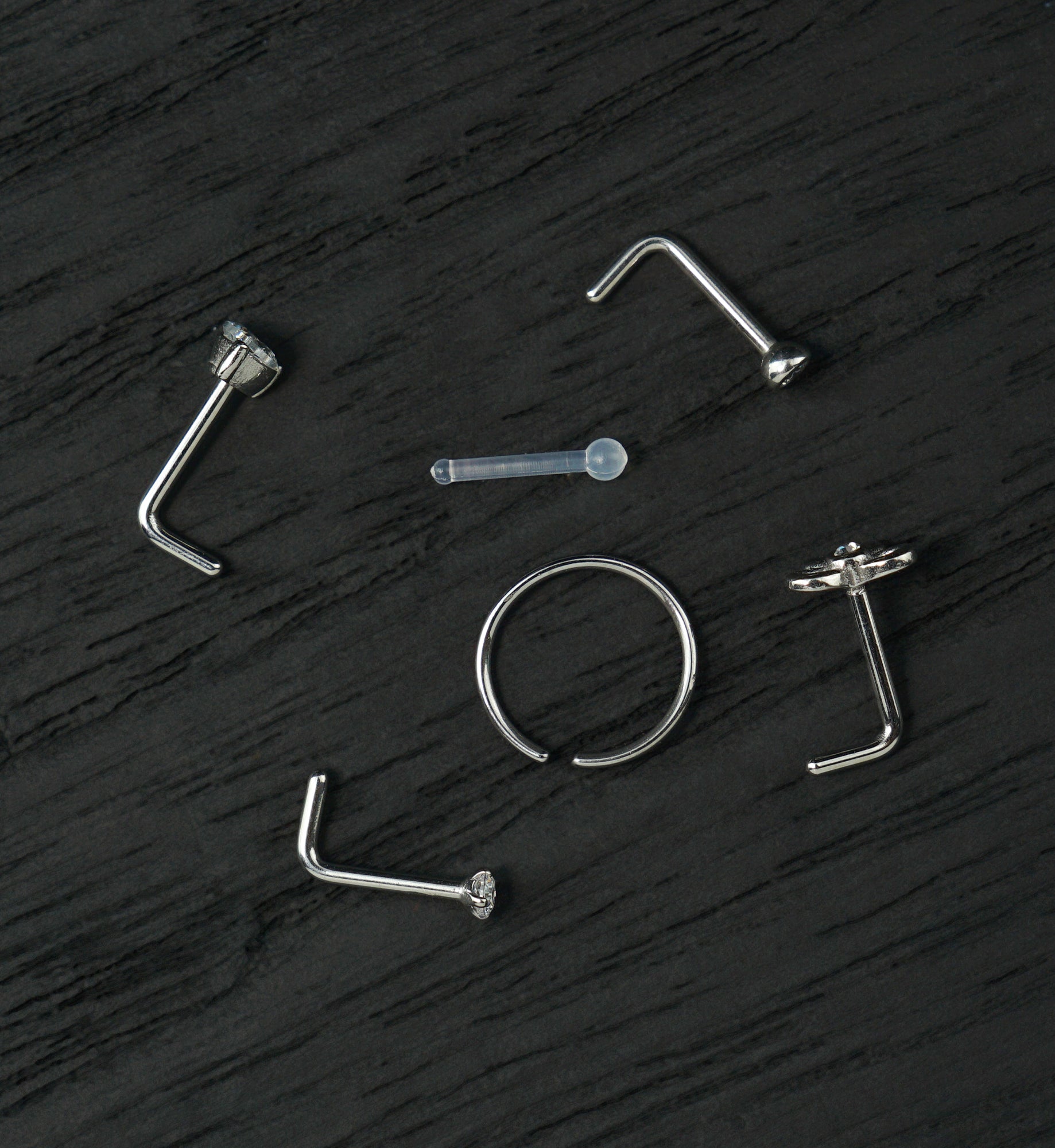 Demure Clear CZ Stainless Steel L Bend/Stud/Hoop Variety Nose Ring Pac