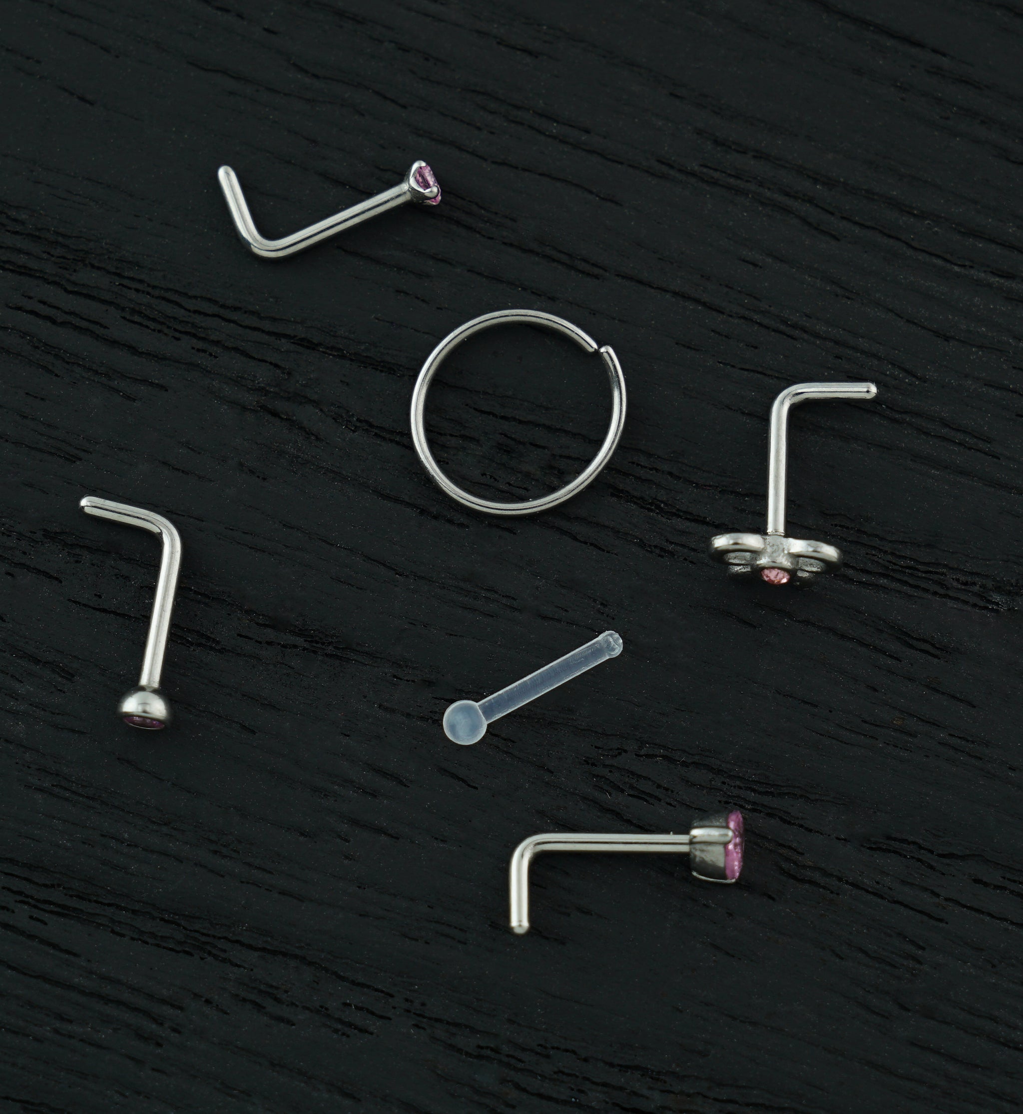 Demure Pink CZ Stainless Steel L Bend/Stud/Hoop Variety Nose Ring Pack