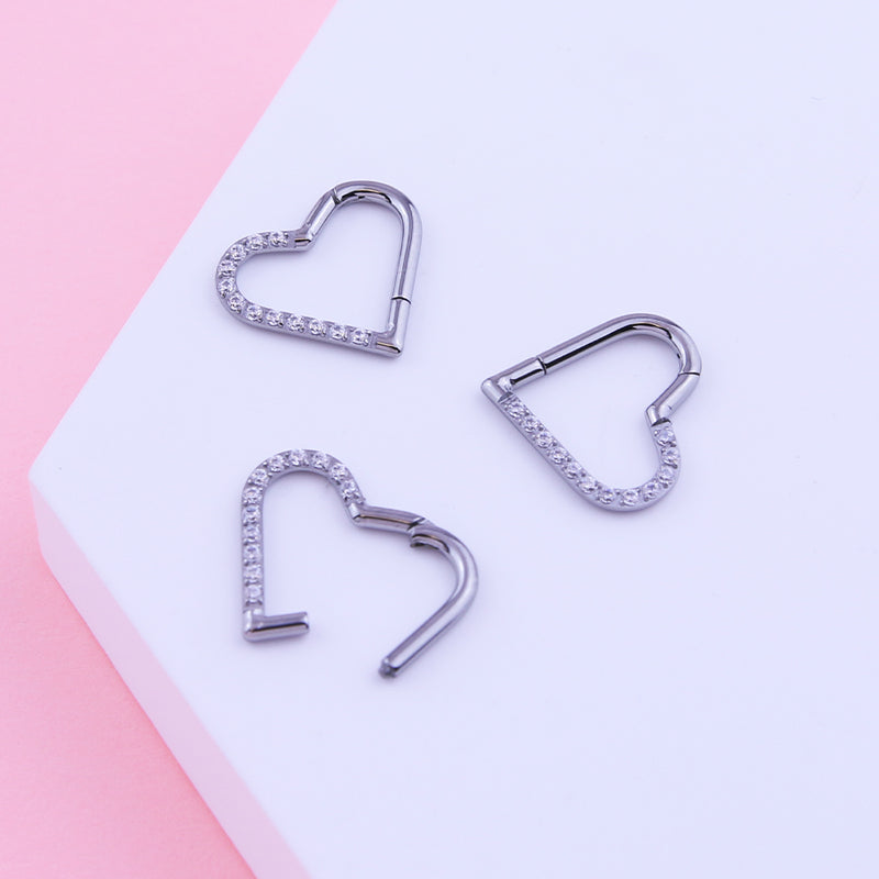 Divided Heart Clear CZ Titanium Hinged Segment Ring | UrbanBodyJewelry.com