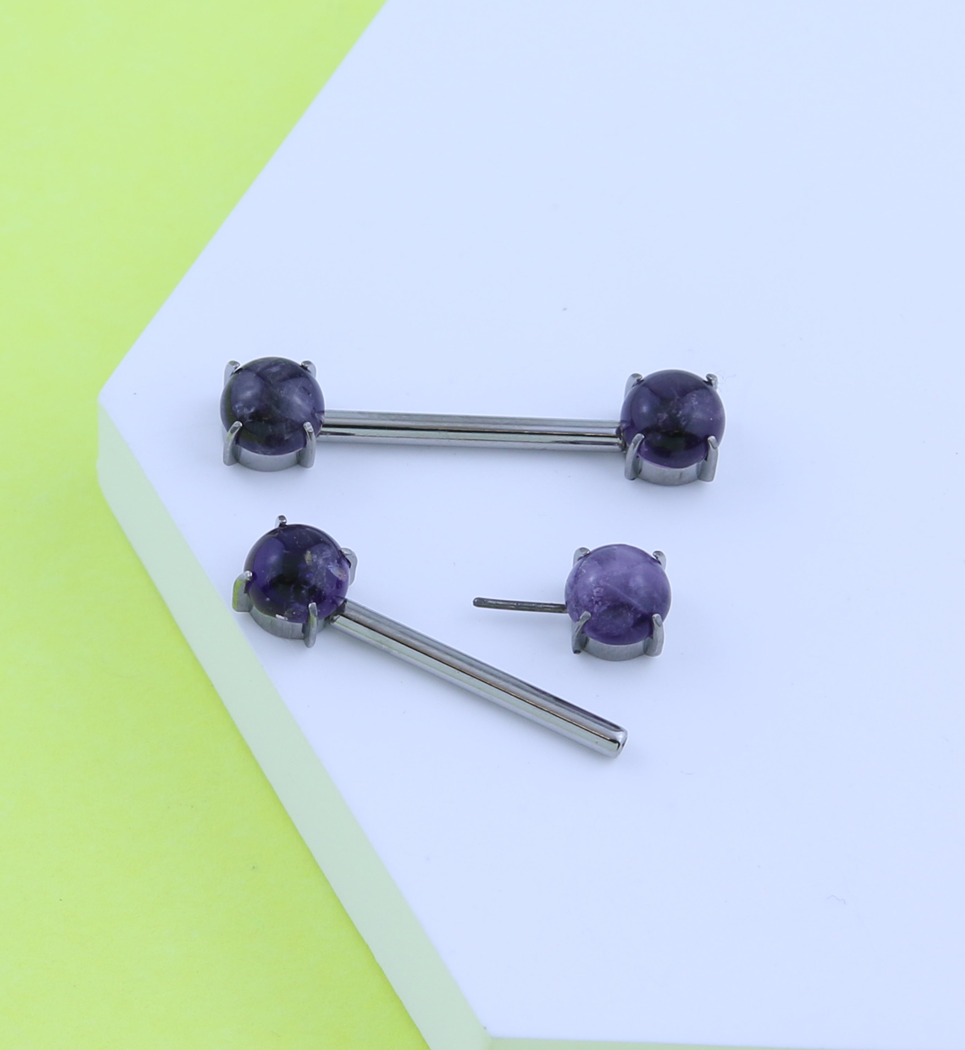 Double Amethyst Stone Threadless Titanium Nipple Barbells ...