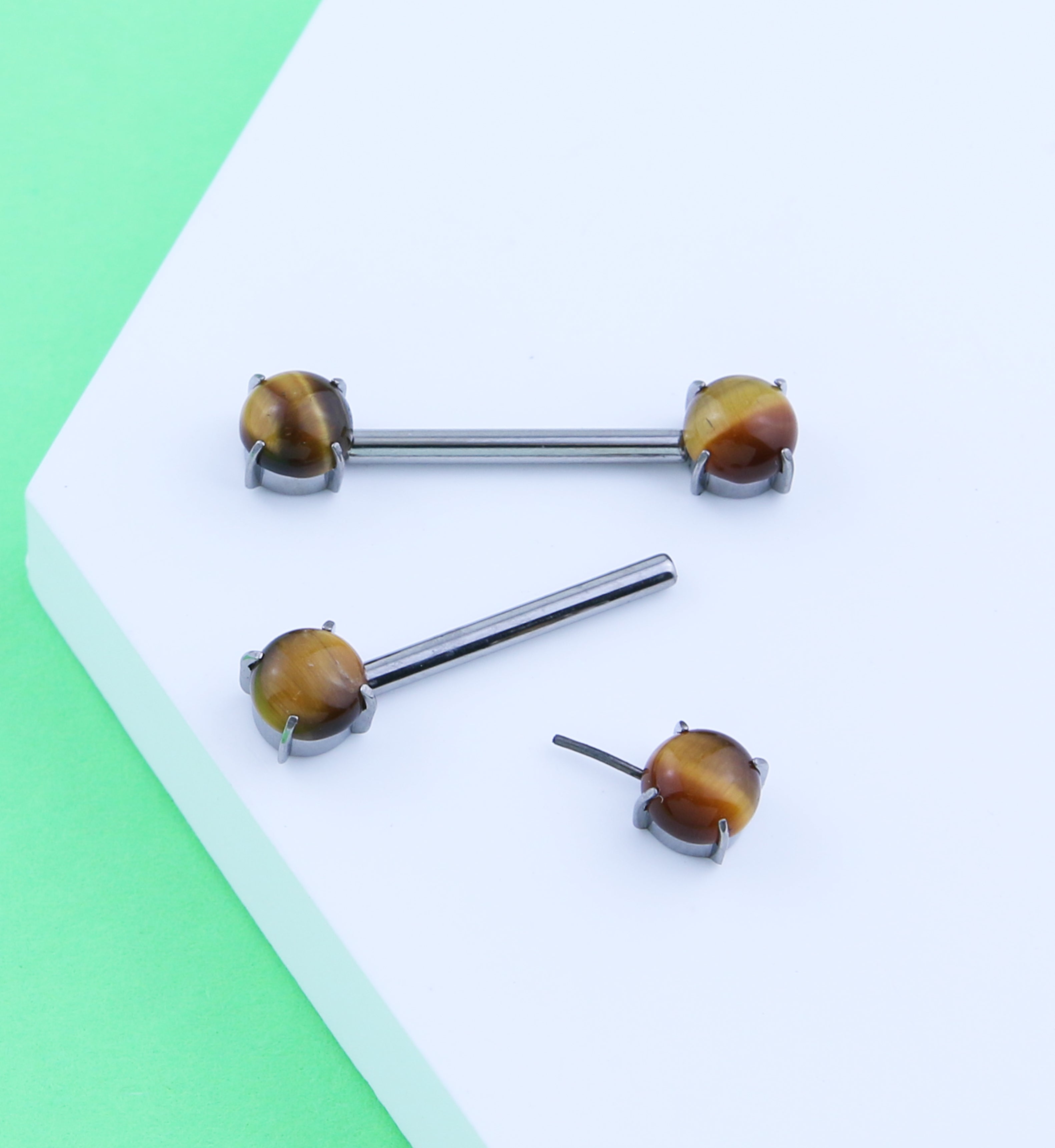 Double Tigers Eye Stone Threadless Titanium Nipple Barbells ...